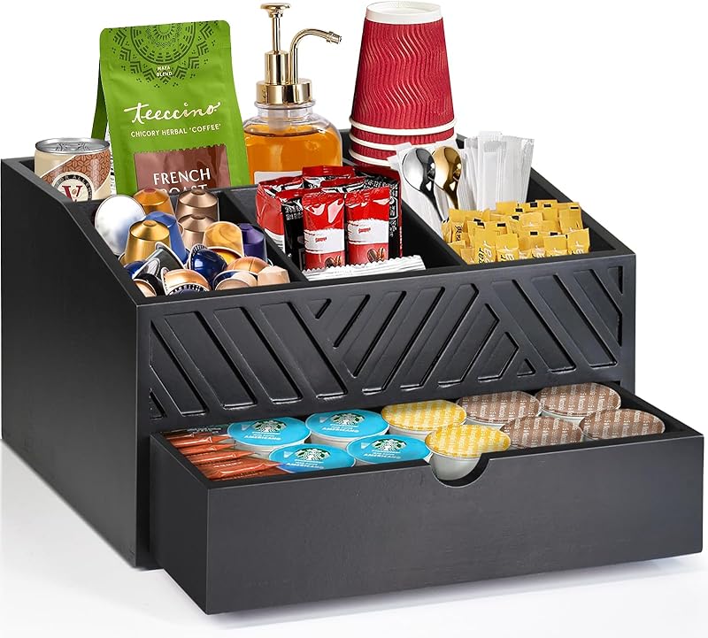 Farmhouse Wooden Coffee Bar Organizer - Countertop Station With Drawer ...