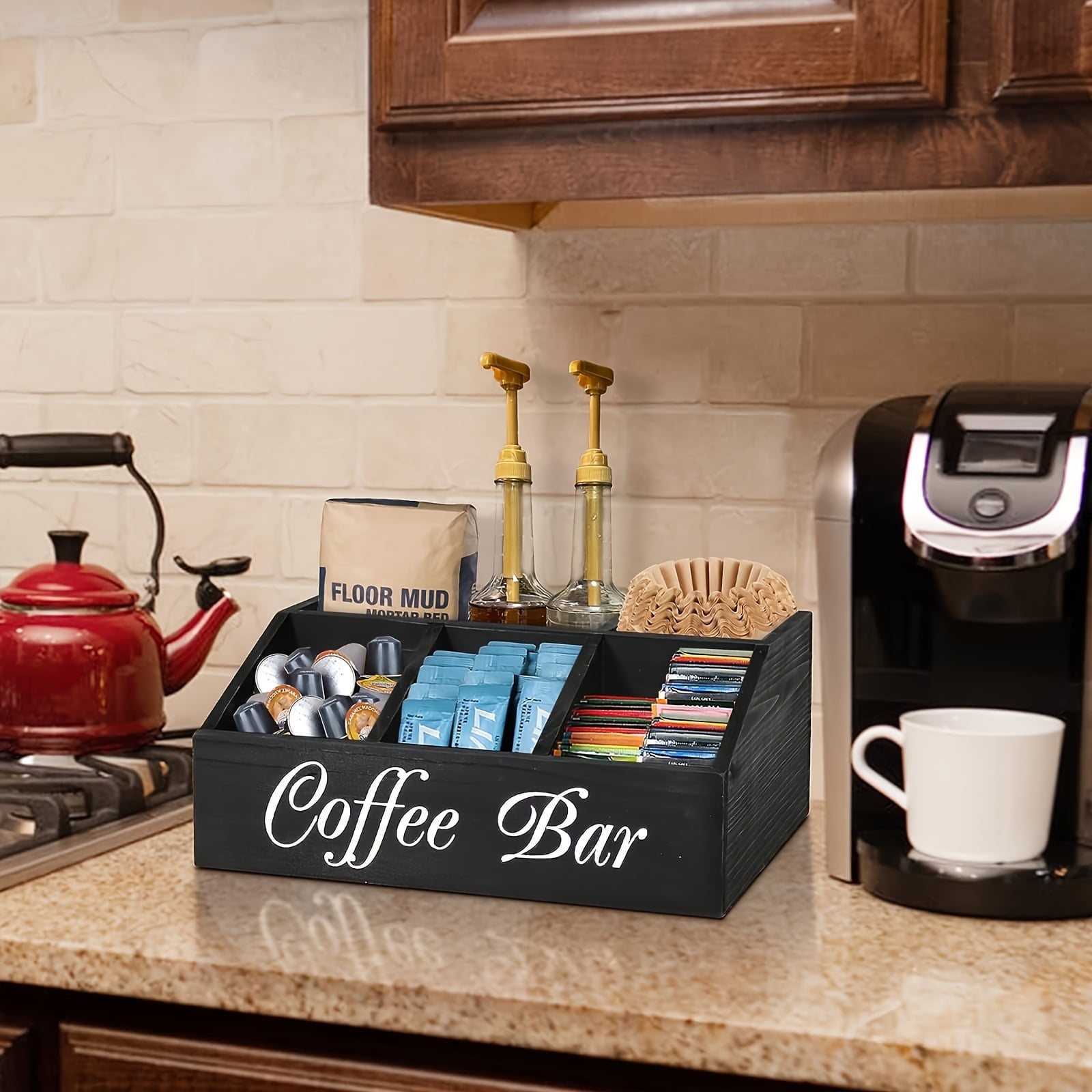 Farmhouse Wooden Coffee Bar Organizer - Rustic Rectangle Design with ...