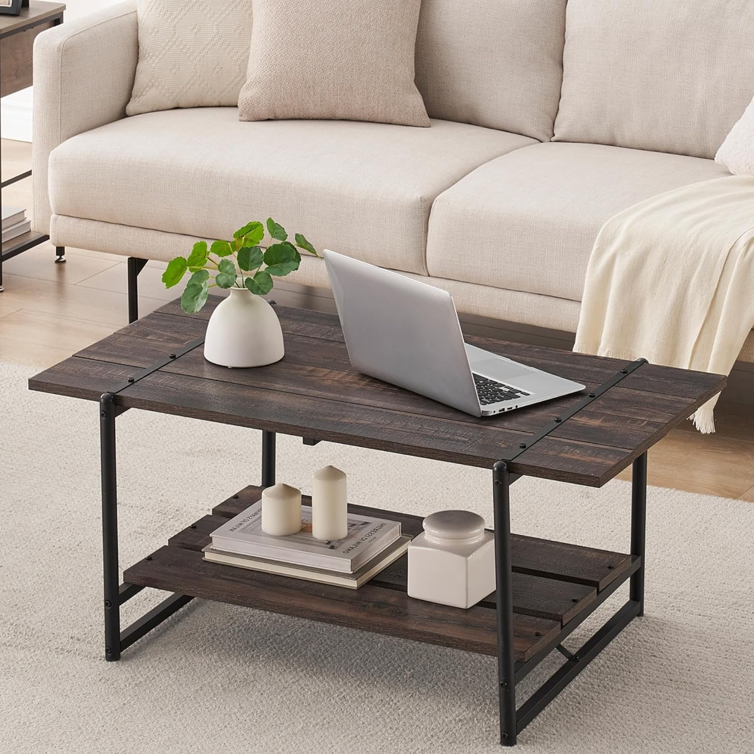 Farmhouse Wooden Coffee Table with Storage Shelf, 2-Tier 41'' Large ...