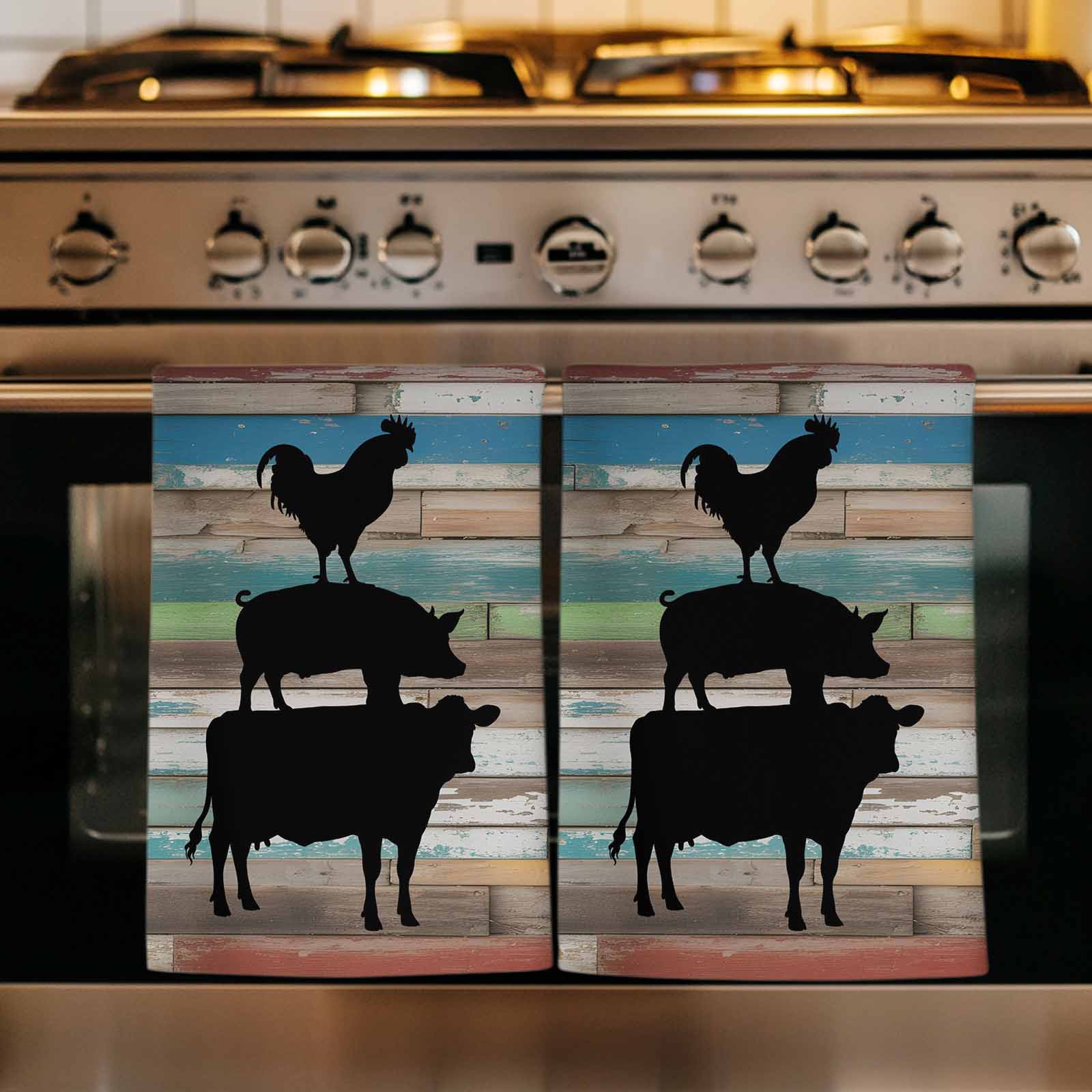 Farmhouse Wooden Grain Kitchen Towels Set of 3, Vintage Country Cow Pig ...
