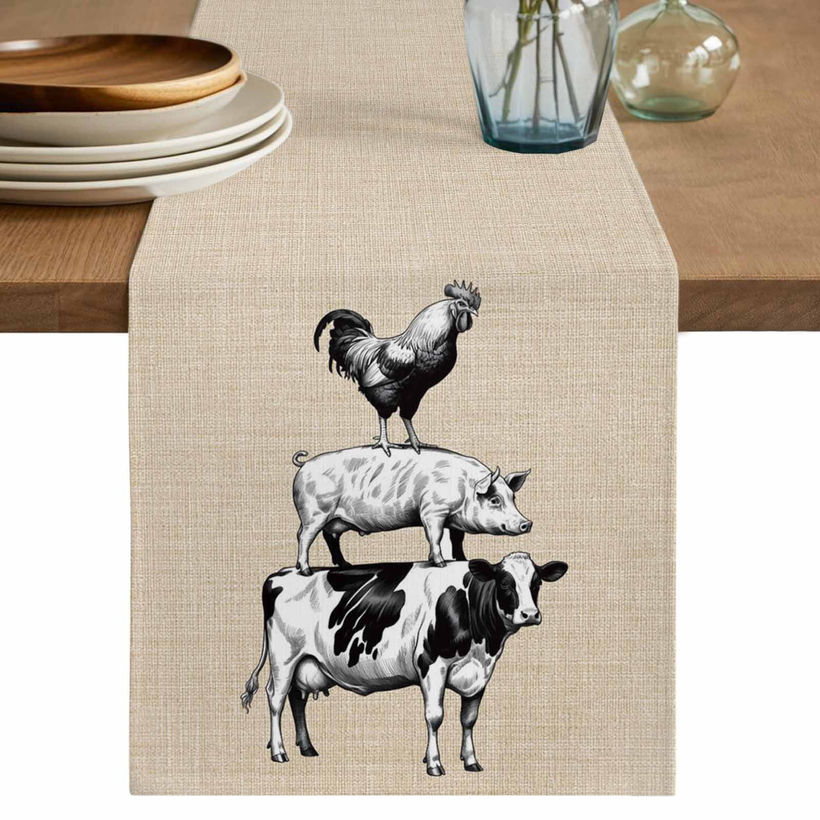 Farmhouse Wooden Grain Table Runner 108 Inches, Vintage Country Cow Pig ...