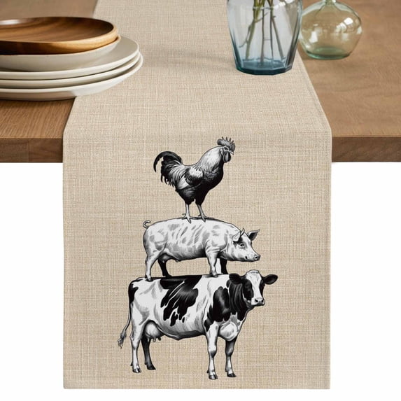 Farmhouse Wooden Grain Table Runner 48 Inches, Vintage Country Cow Pig ...