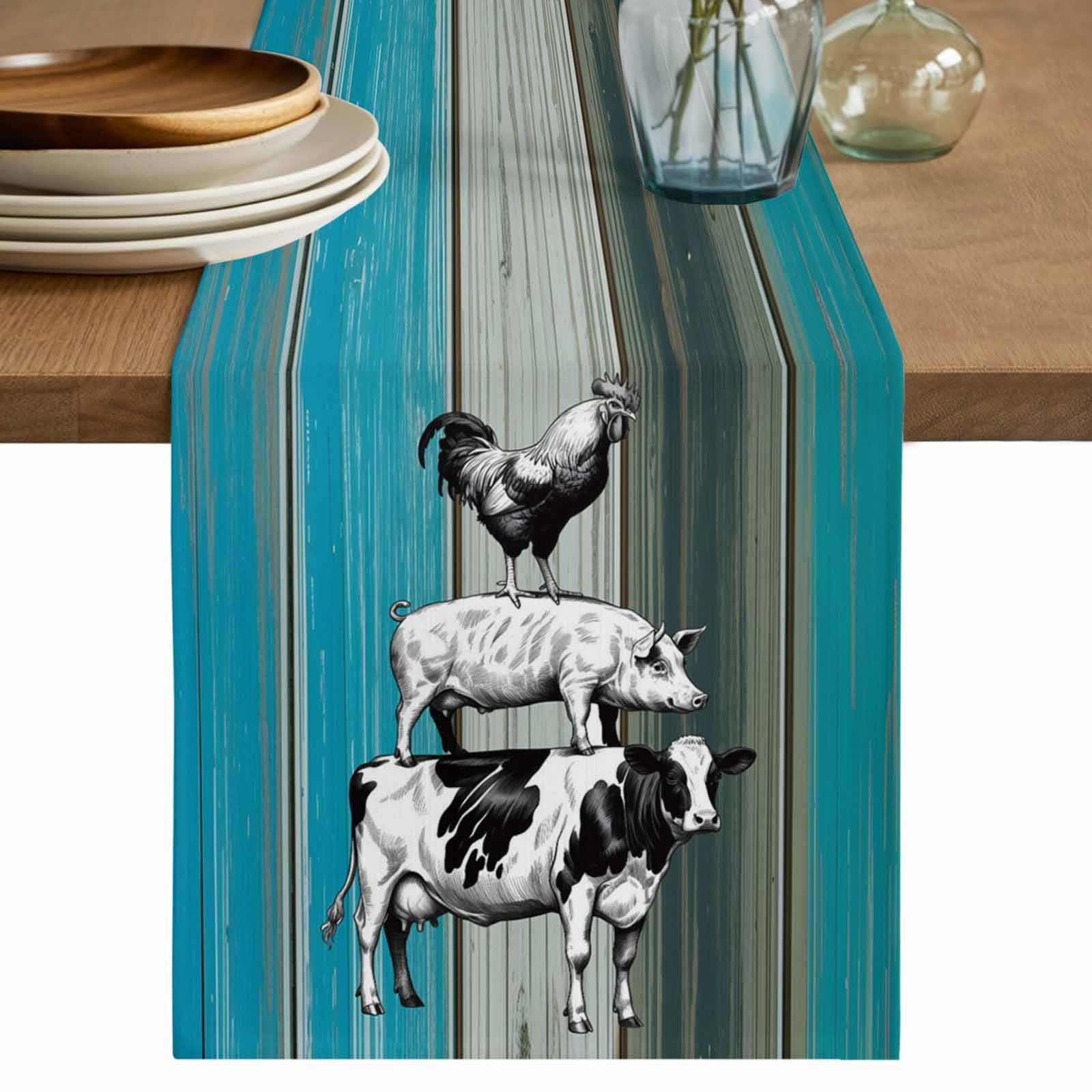 Farmhouse Wooden Grain Table Runner 72 Inches, Vintage Country Cow Pig ...