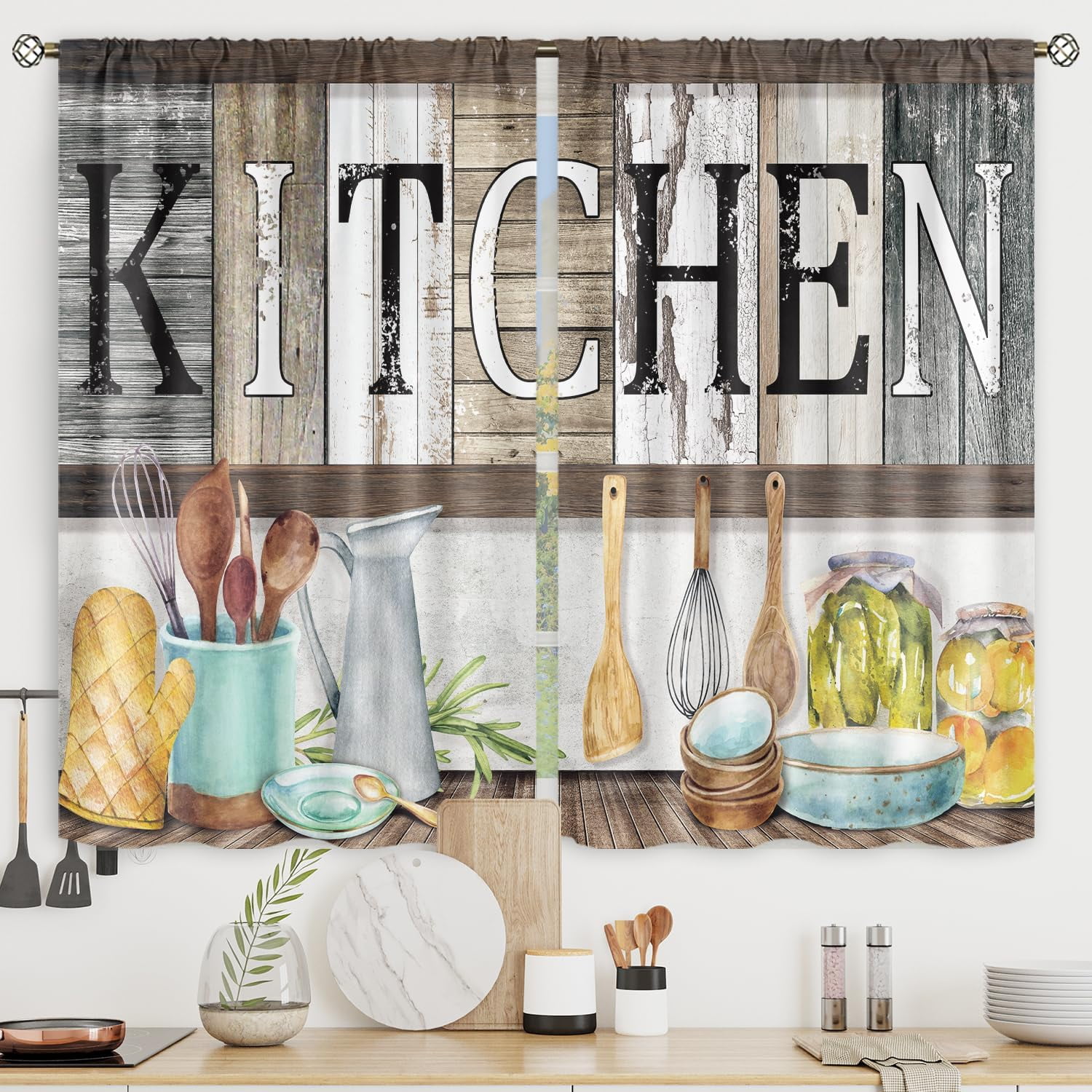 Farmhouse Wooden Kitchen Curtains Short Small Retro Western Country ...
