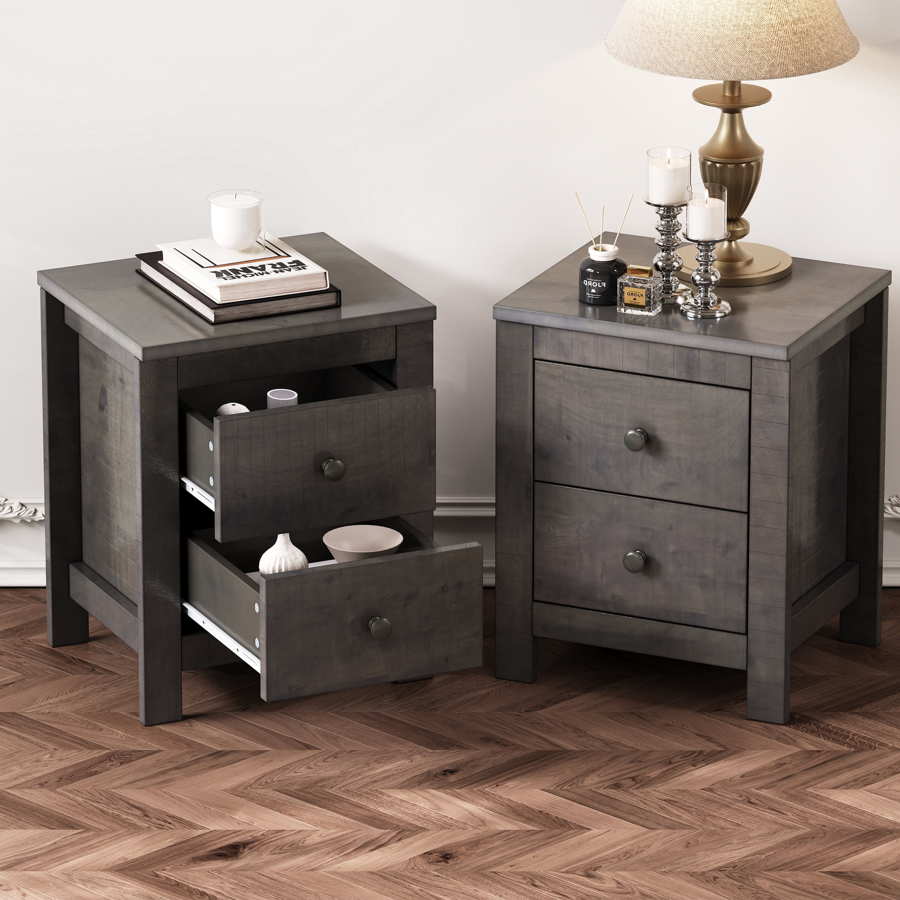 Farmhouse Wooden Nightstand Set of 2 with Retro Design, Wood Side Table ...