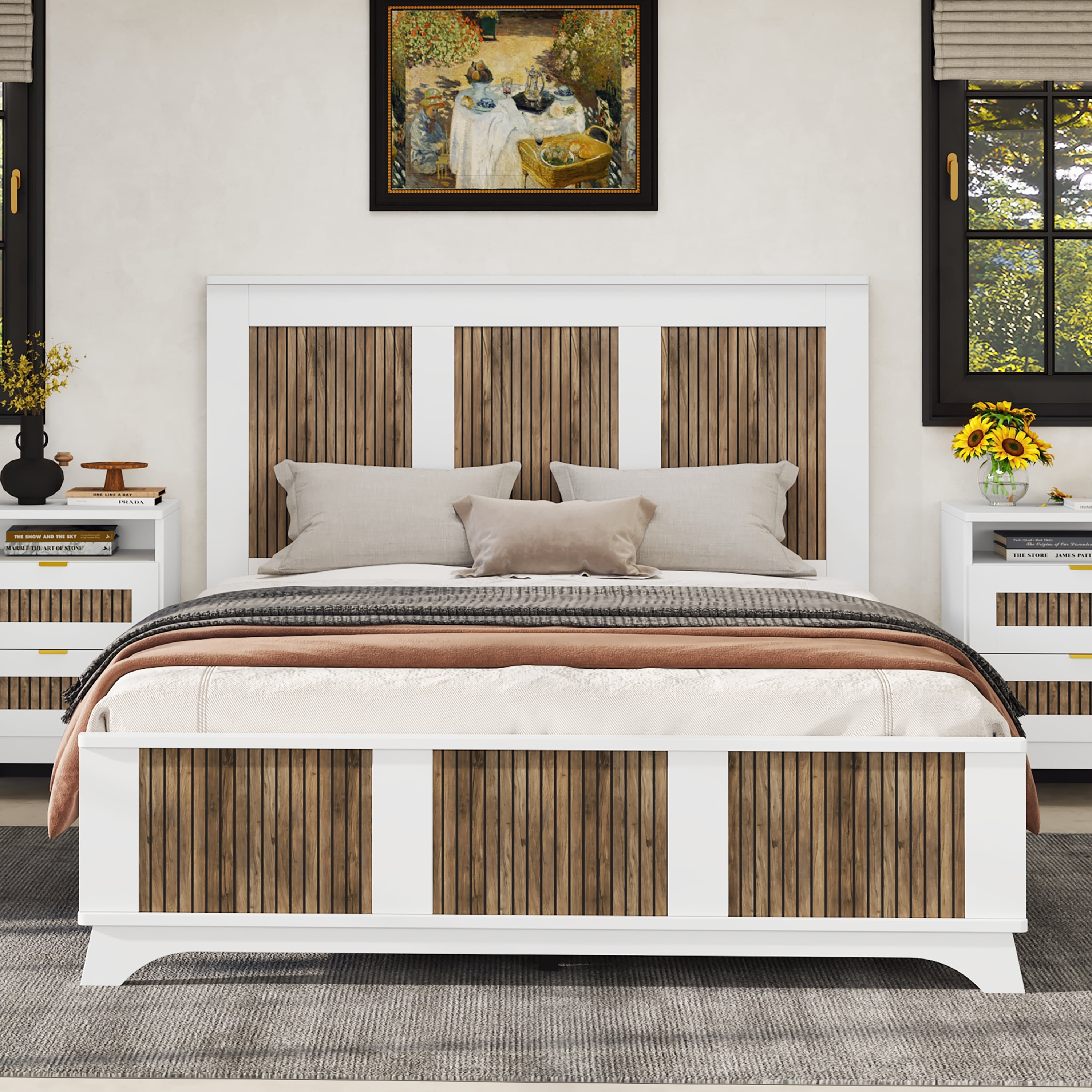 Farmhouse Wooden Platform Queen Size Bed, Modern Platform Bed with ...