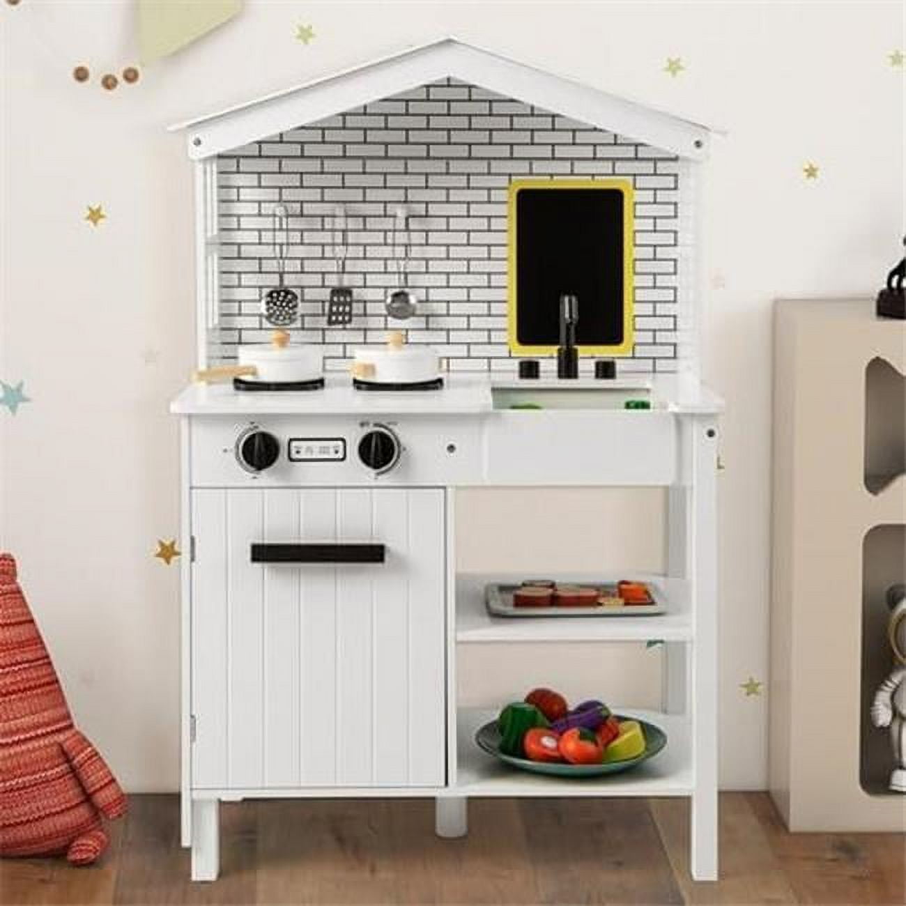 Farmhouse Wooden Play Kitchen, Pretend Cooking Toy Kitchen Set with ...