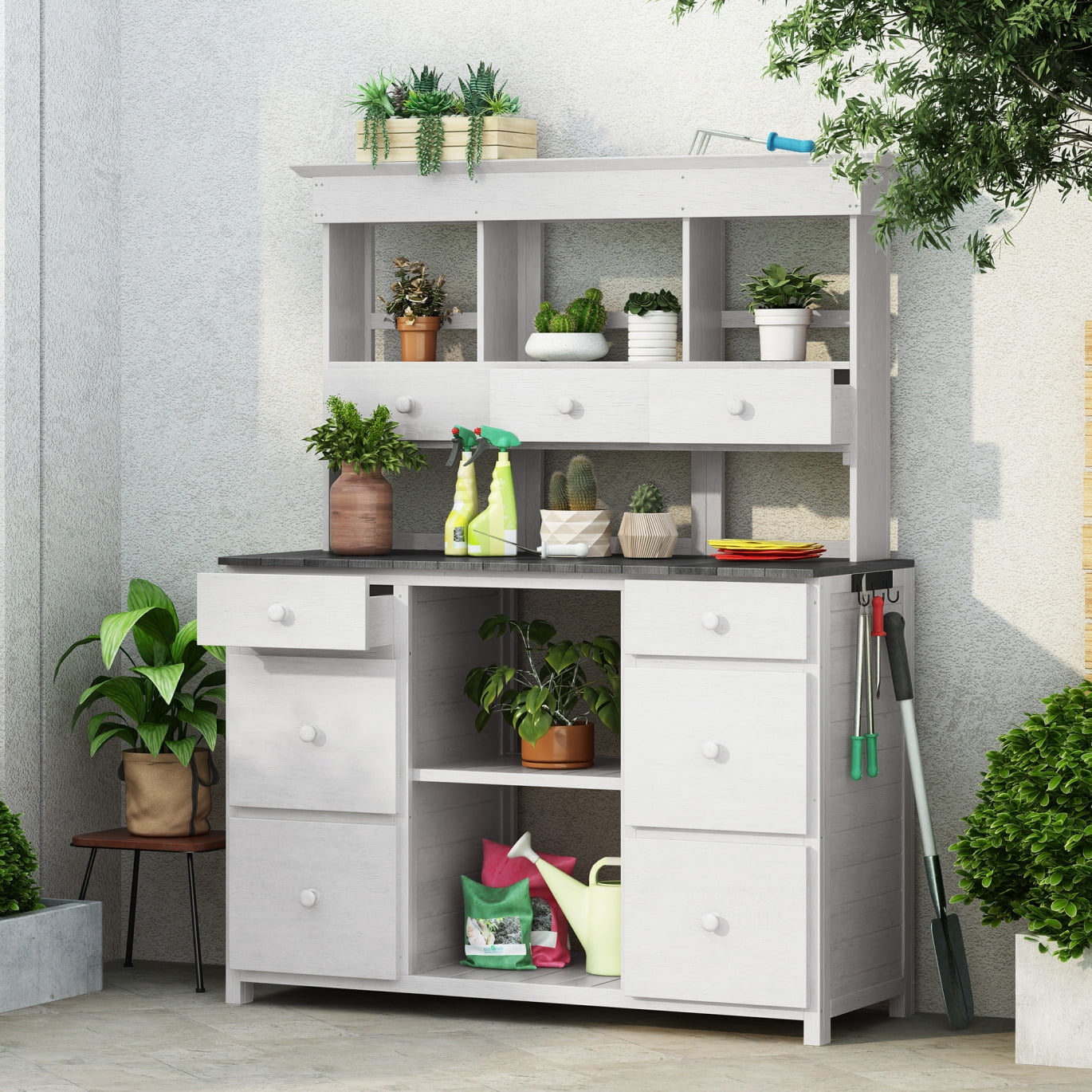 Farmhouse Wooden Potting Bench with Storage Drawers and Shelves, Rustic ...