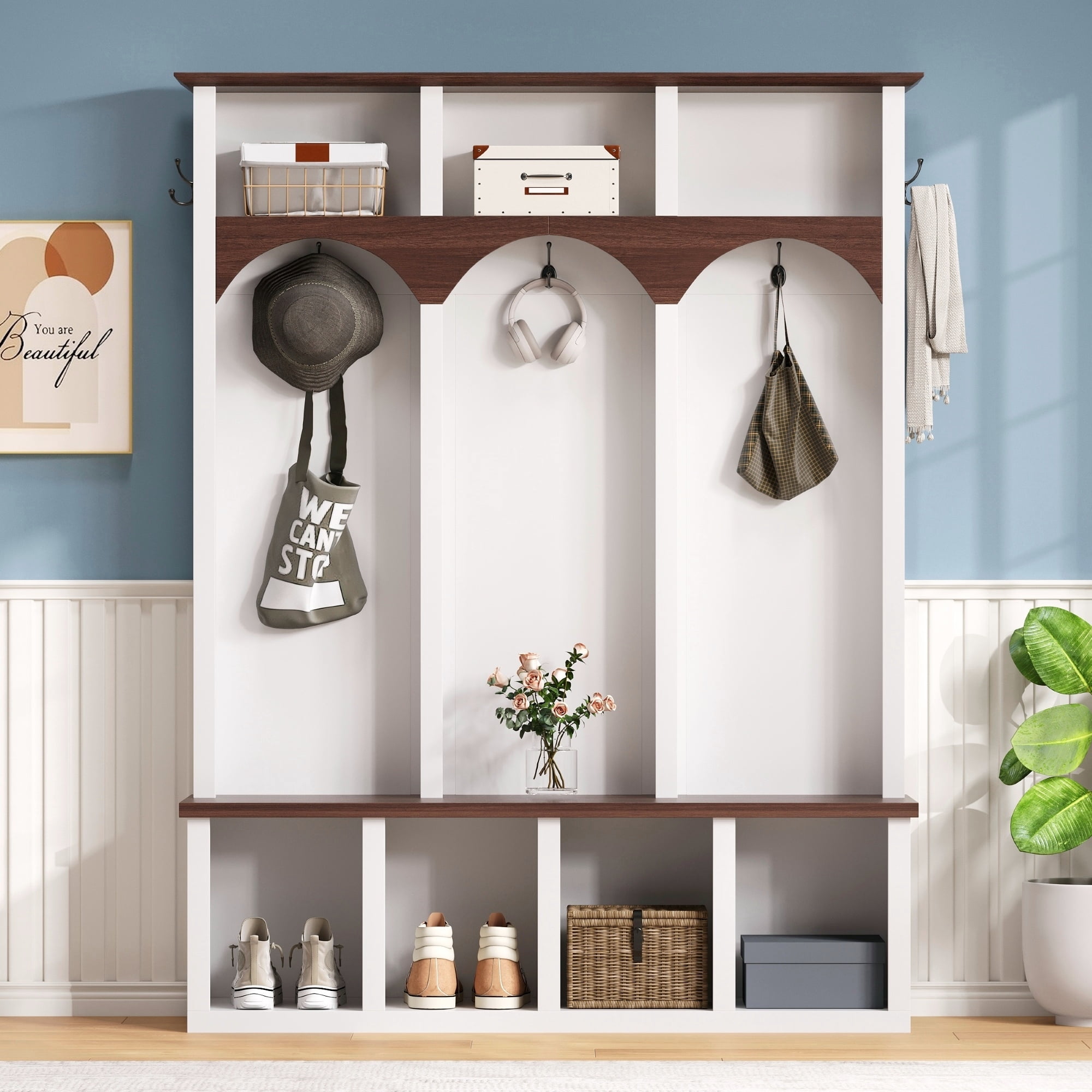 Farmhouse Wooden Style Hall Tree with Arched Design, Practical Entryway ...