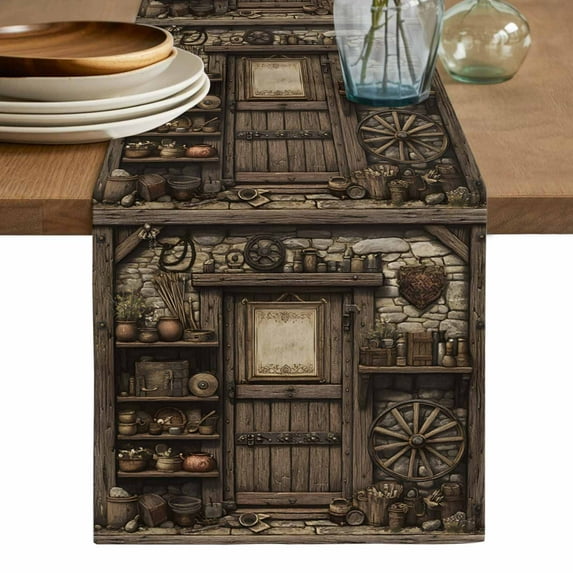 Farmhouse Wooden Table Runner, Old Vintage Antique Time Cottage Scene ...