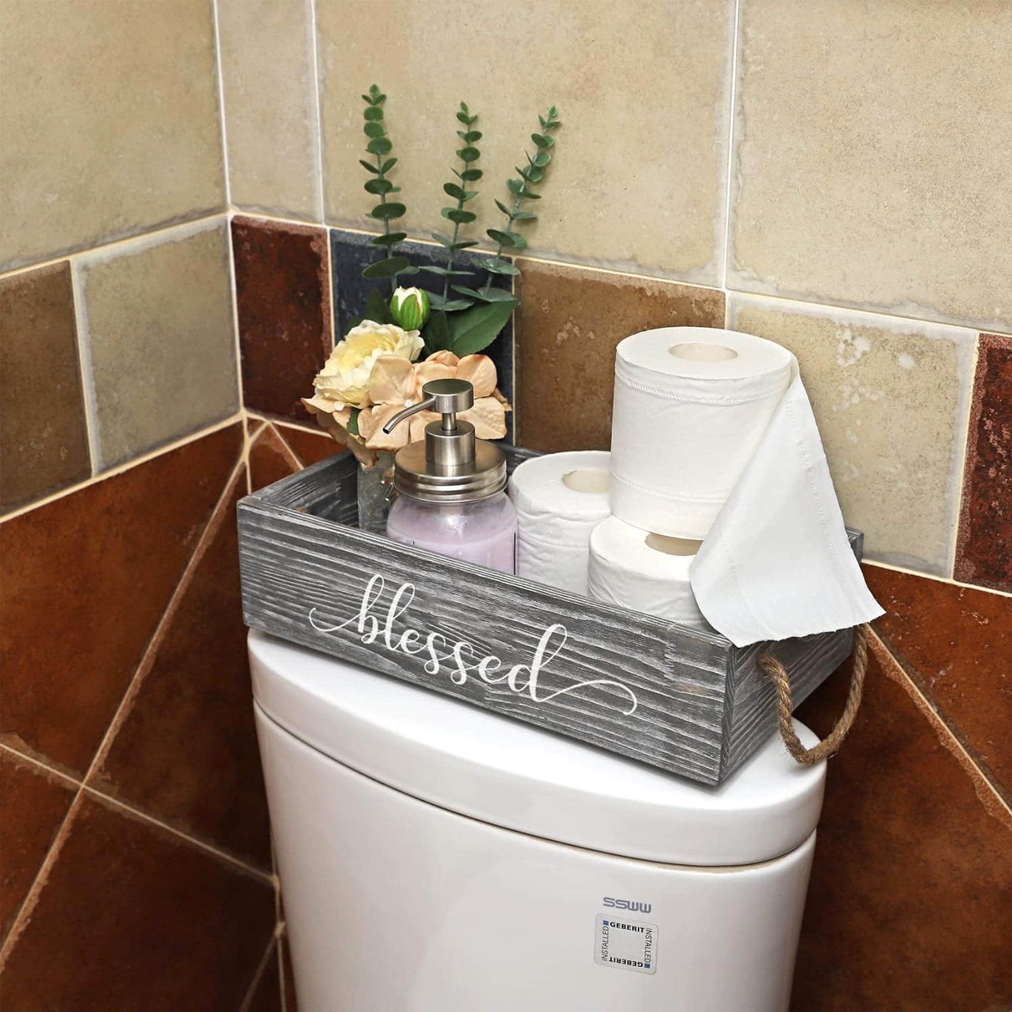 Farmhouse Wooden Toilet Paper Holder Tray with Mason Jar Soap Dispenser ...