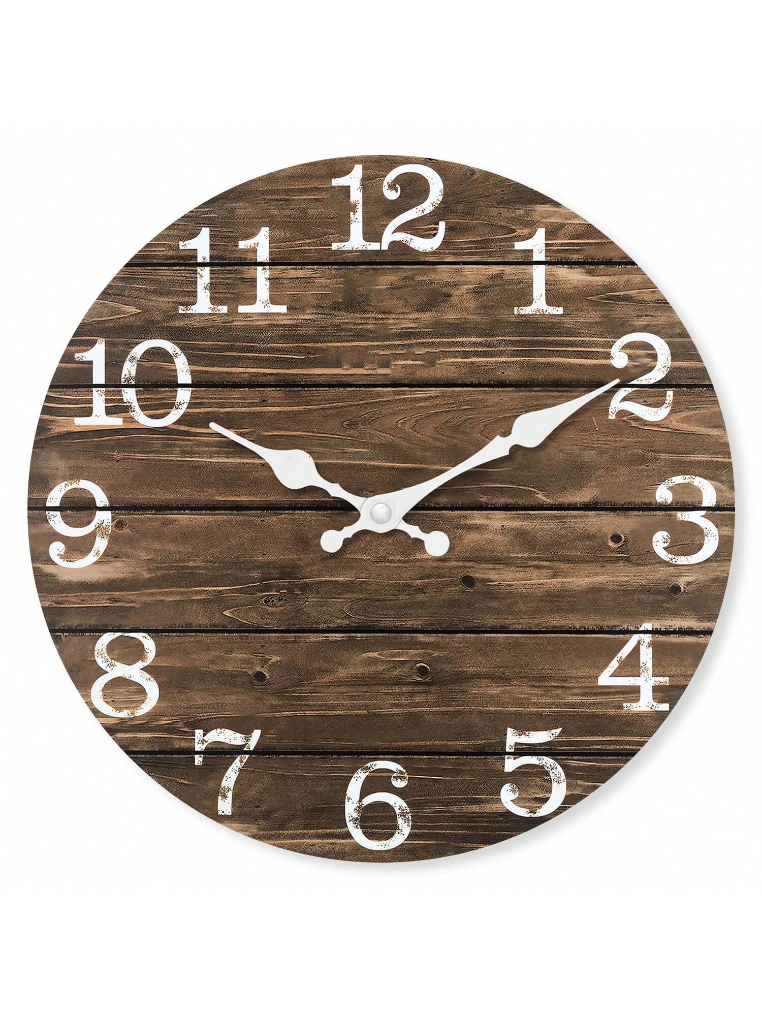 Farmhouse Wooden Wall Clock, Dark Brown Wood Pattern Silent Battery ...