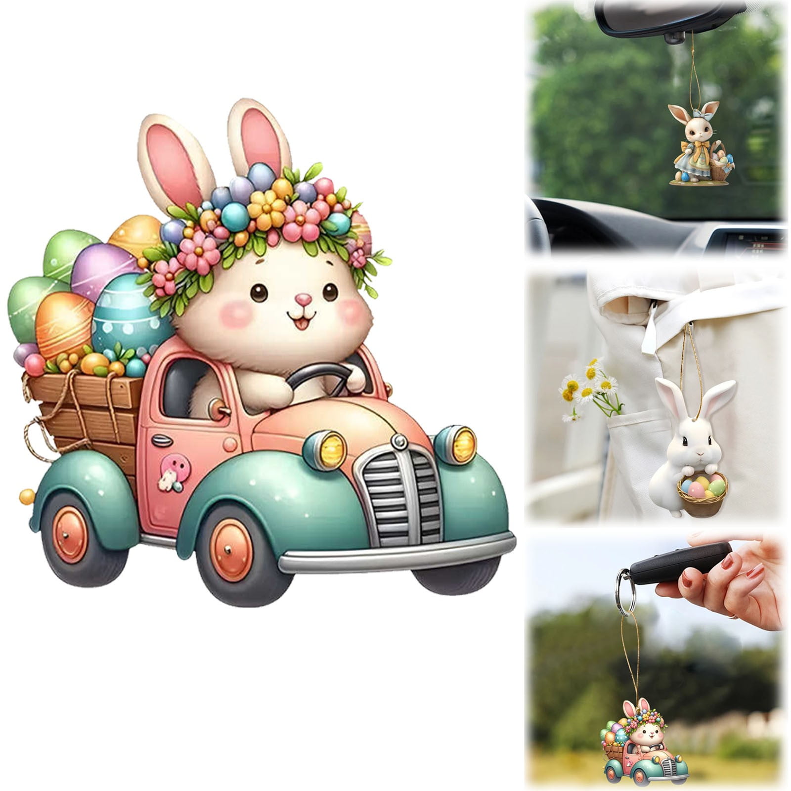 Farmhouse Wreath Easter Bunny Cute 2D Flat Pendant – Adorable Bag Charm ...
