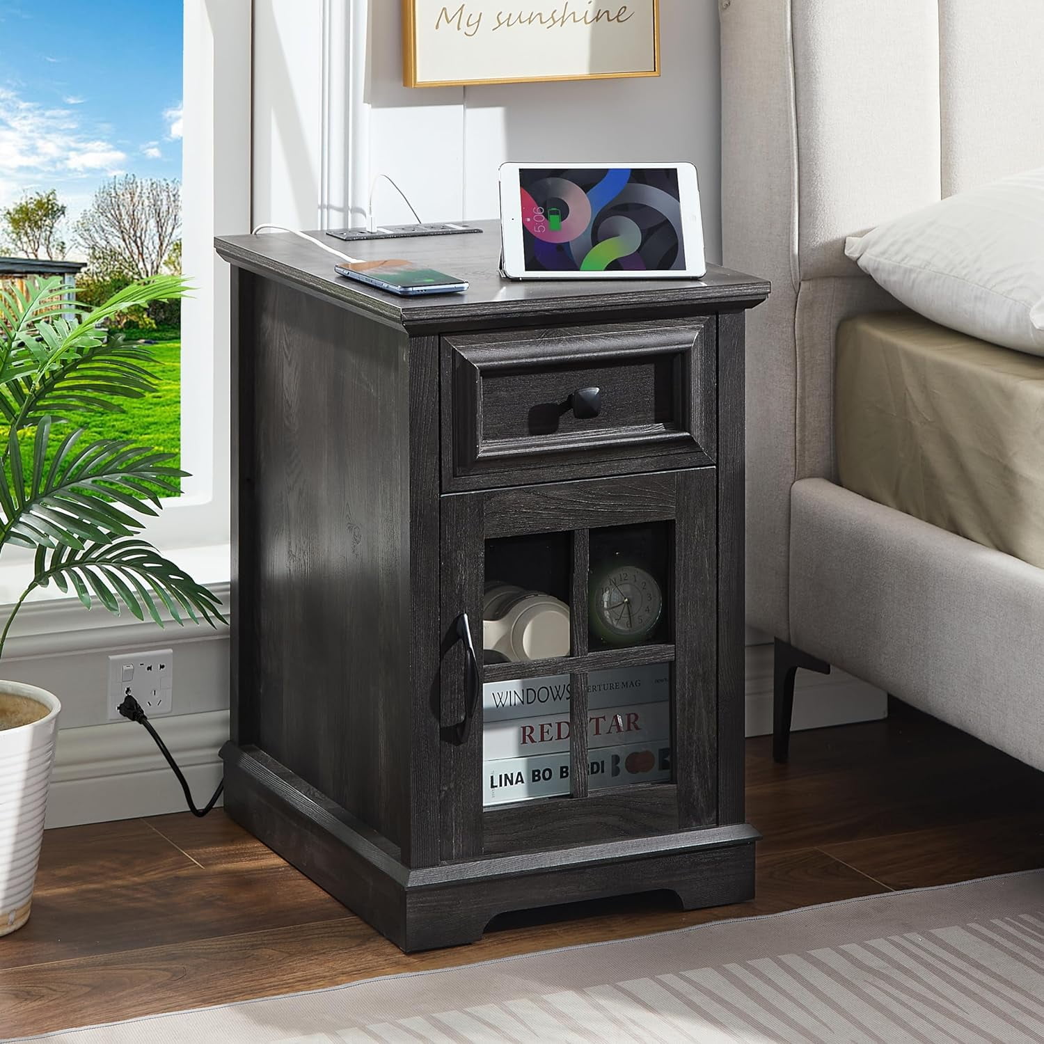 Farmhouse XXL End Table with Charging Station, Side Table with USB ...