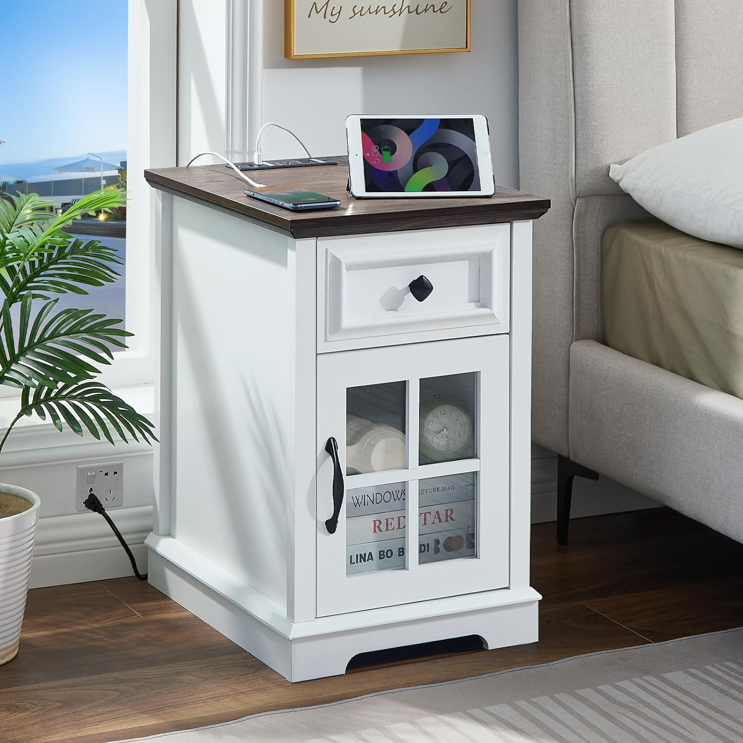 Farmhouse XXL End Table with Charging Station, Side Table with USB ...