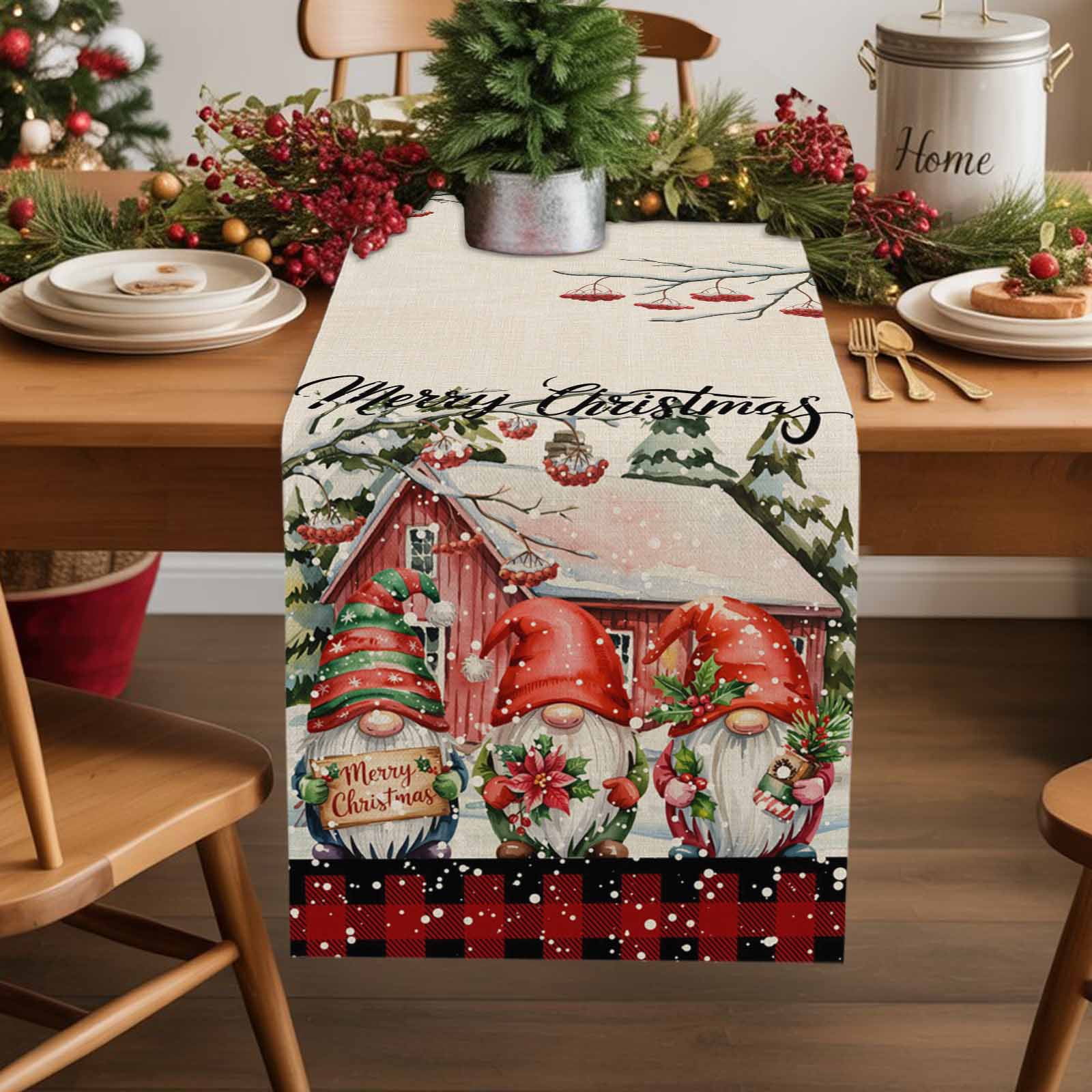 Farmhouse Xmas Santa Dwarfs Table Runner 16x72in Non-Slip Cotton Linen ...