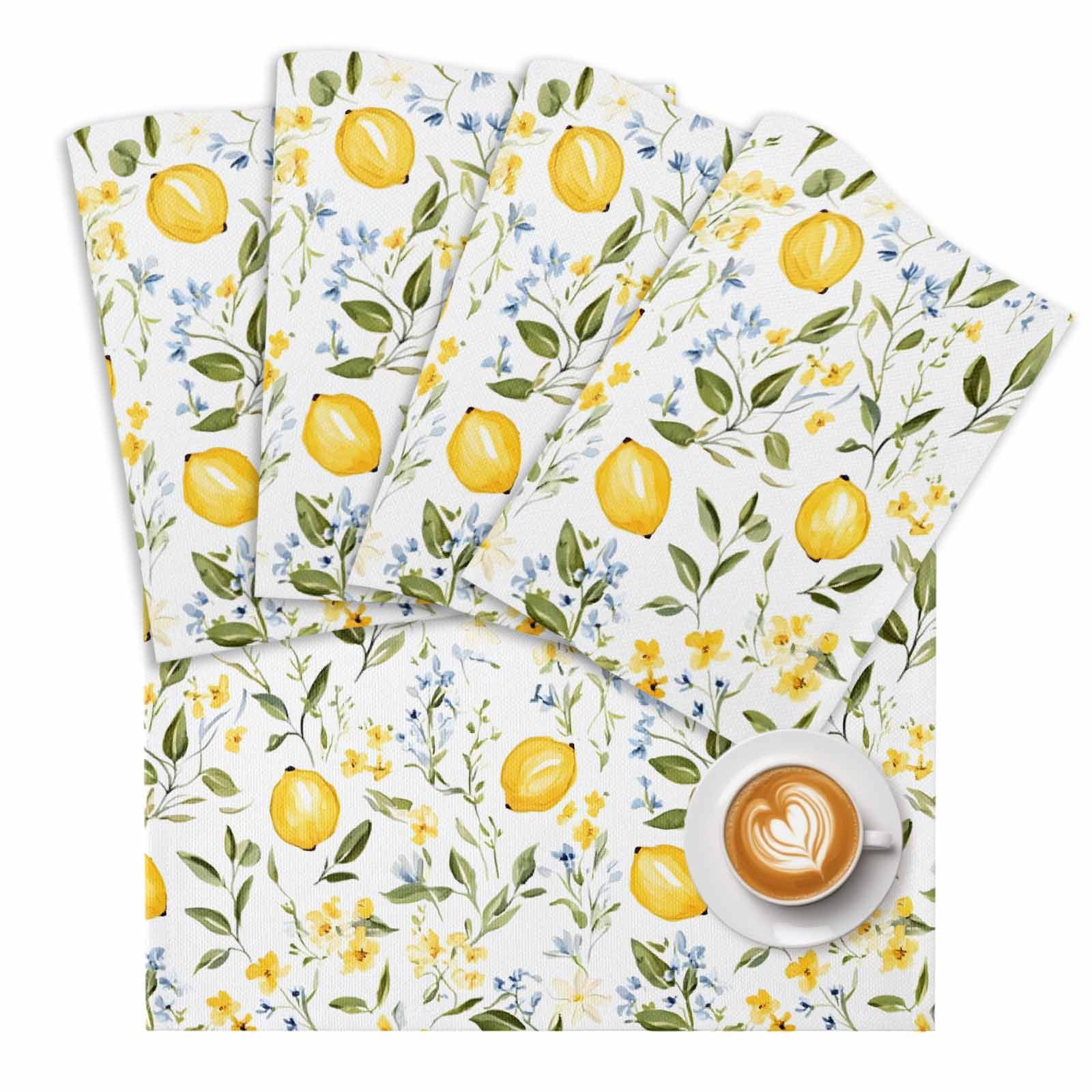 Farmhouse Yellow Placemats Set of 4 Lemon Green Leaf Wildflowers ...