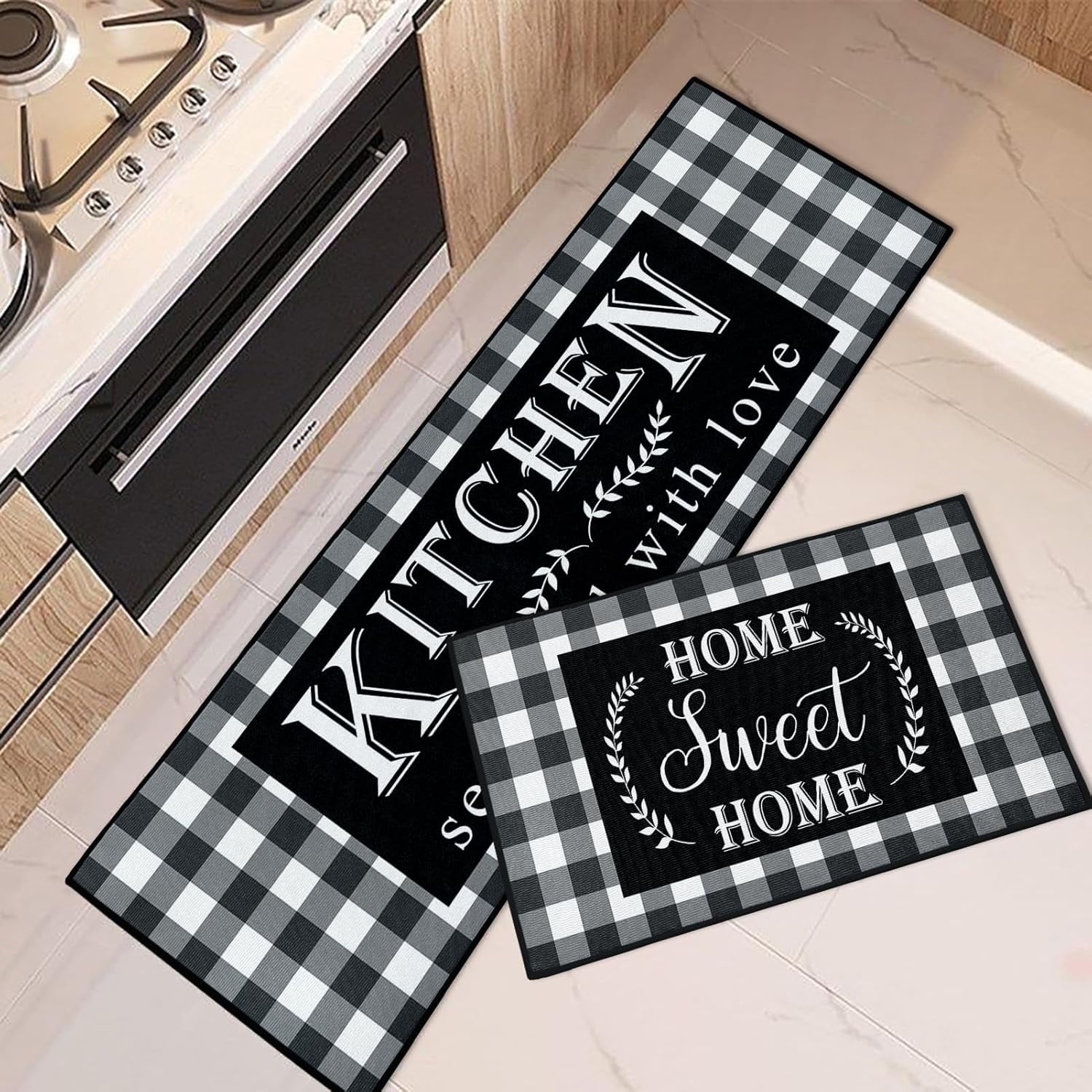 Farmhouse and Mats Non Skid Washable Set of 2, Buffalo Grid Mats for ...