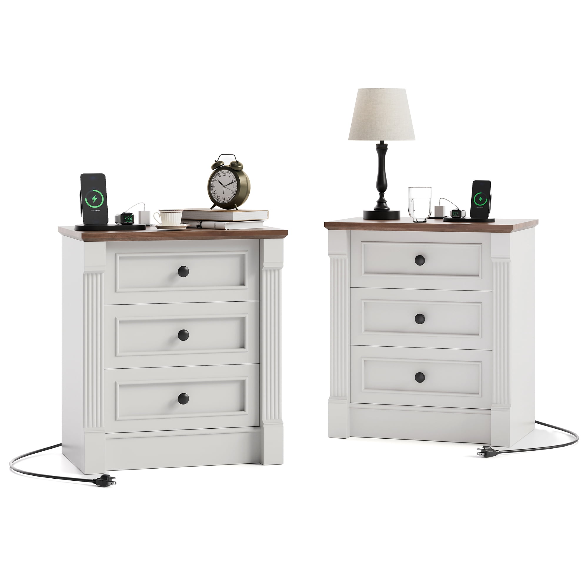 Farmhouse bedside table with Charging Station – 3 Drawers, Roman Column ...