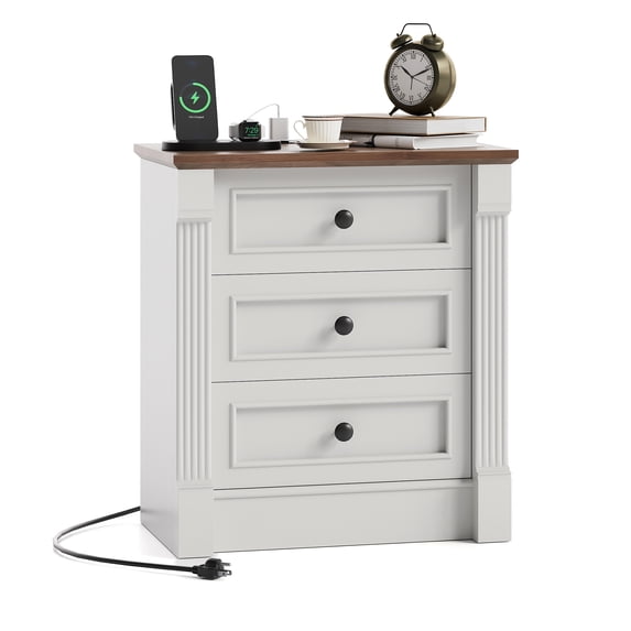 Farmhouse bedside table with Charging Station – 3 Drawers, Roman Column ...