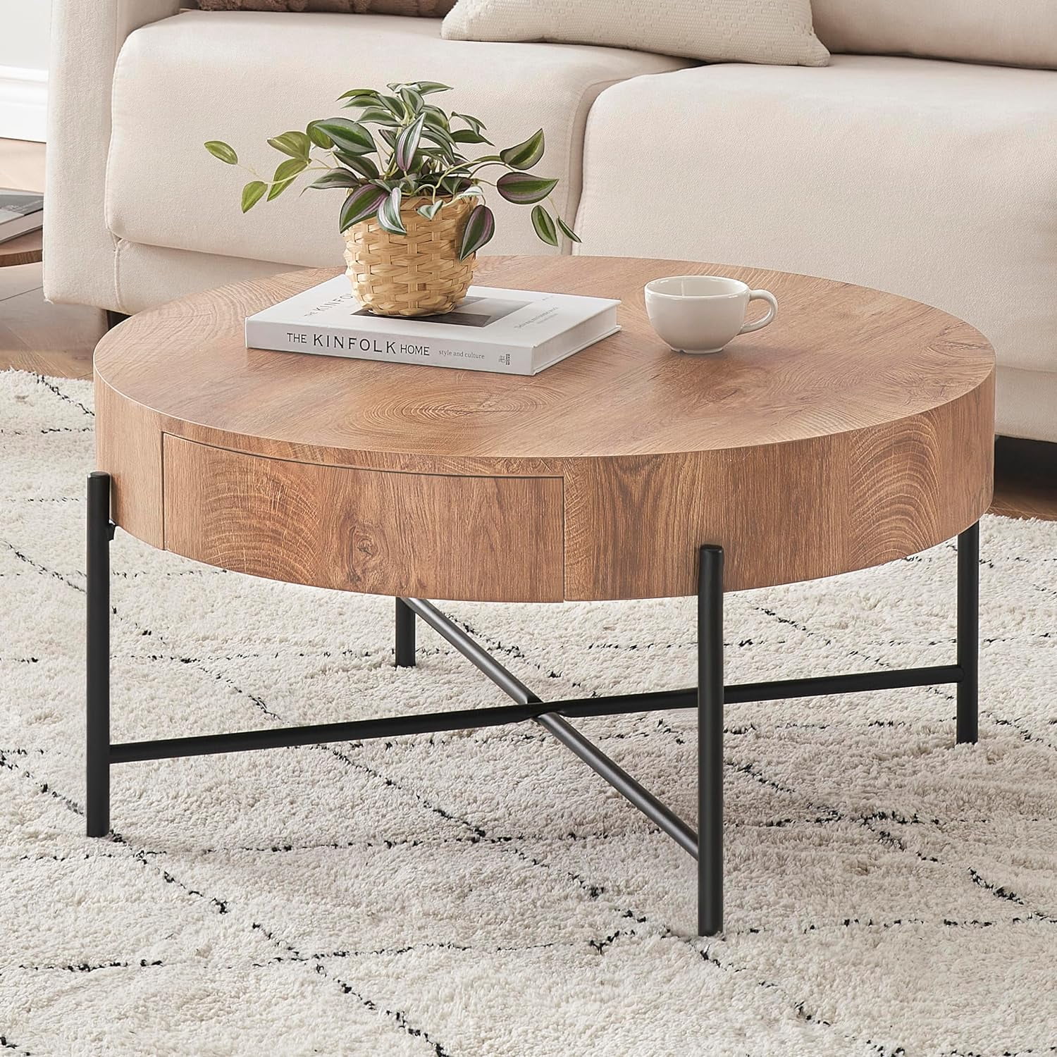 Farmhouse-style Round Coffee Table with Two Drawers, Features Storage ...