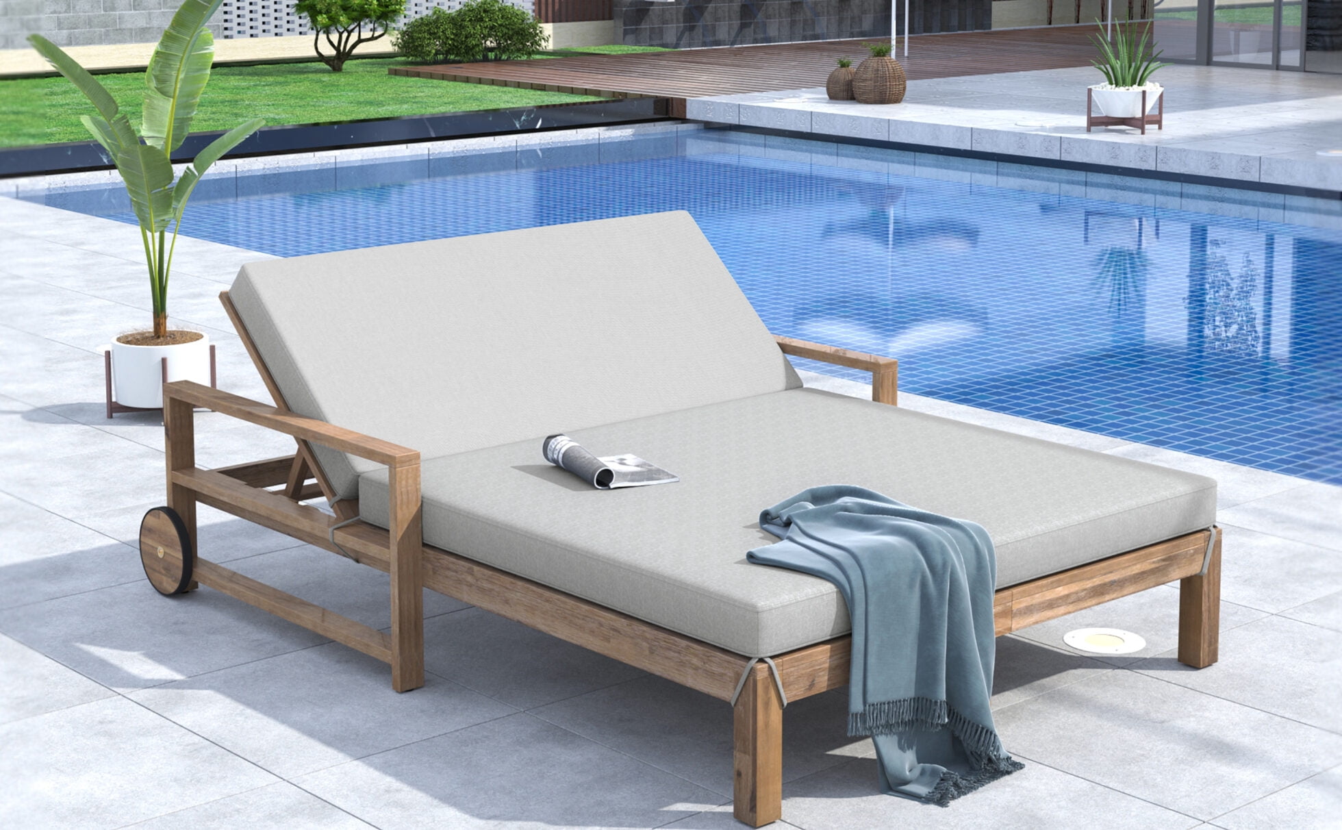 Farmhouse-styled Wooden Outdoor Sunbed with Movable Wheels, Patio Bed ...