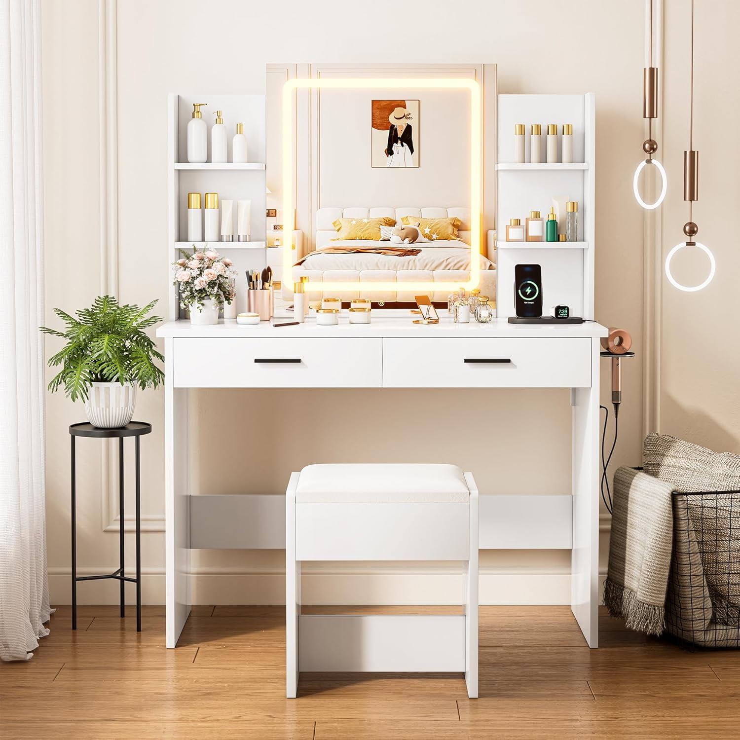Farmhouse vanity desk with HD mirror and RGB lights, large makeup ...