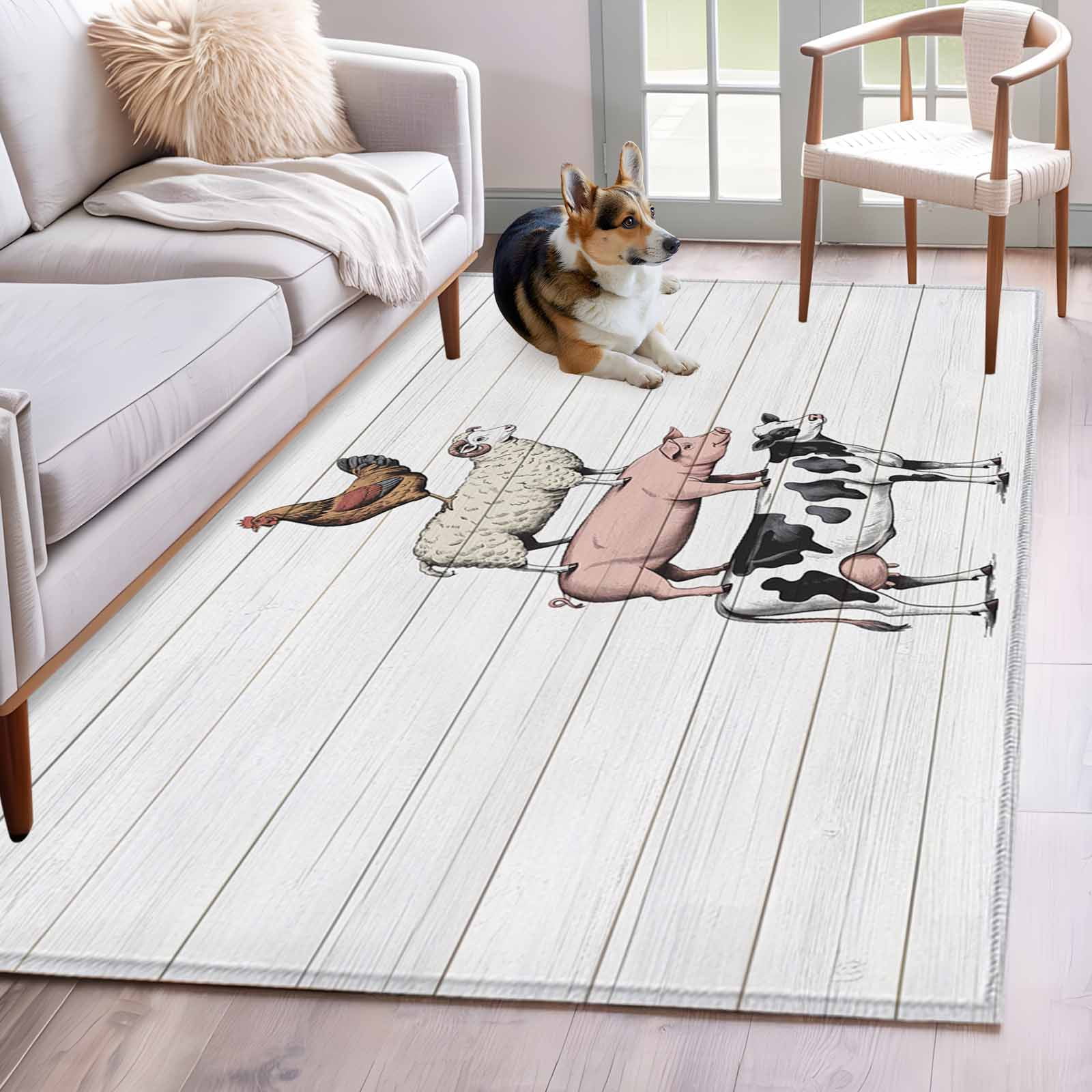 Farmhouses Animal Area Rugs 4x6 ft Cow Sheep Pig Chicken Wood Grain ...