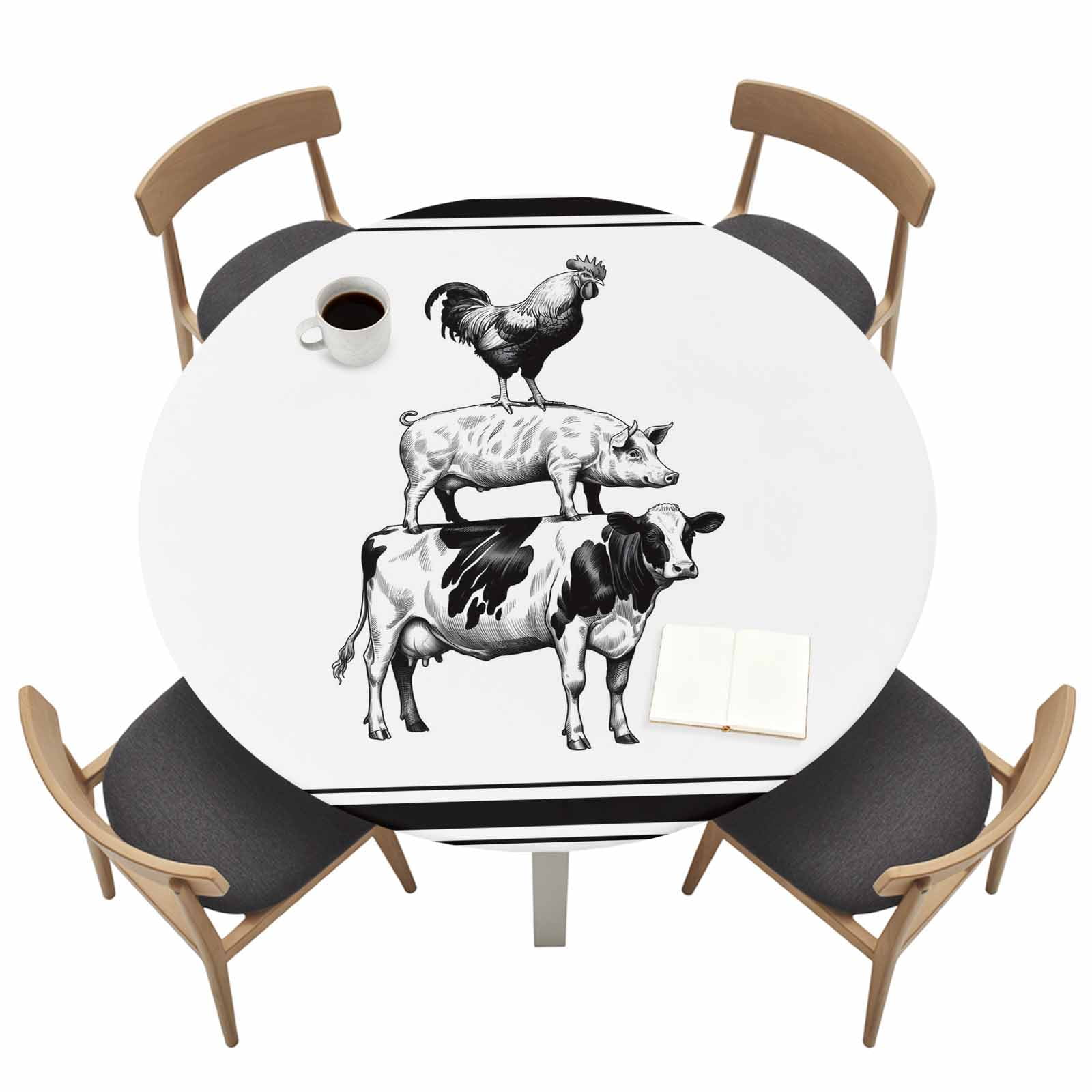 Farmhouses Animal Round Fitted Tablecloth with Elastic Edge Cow Pig ...