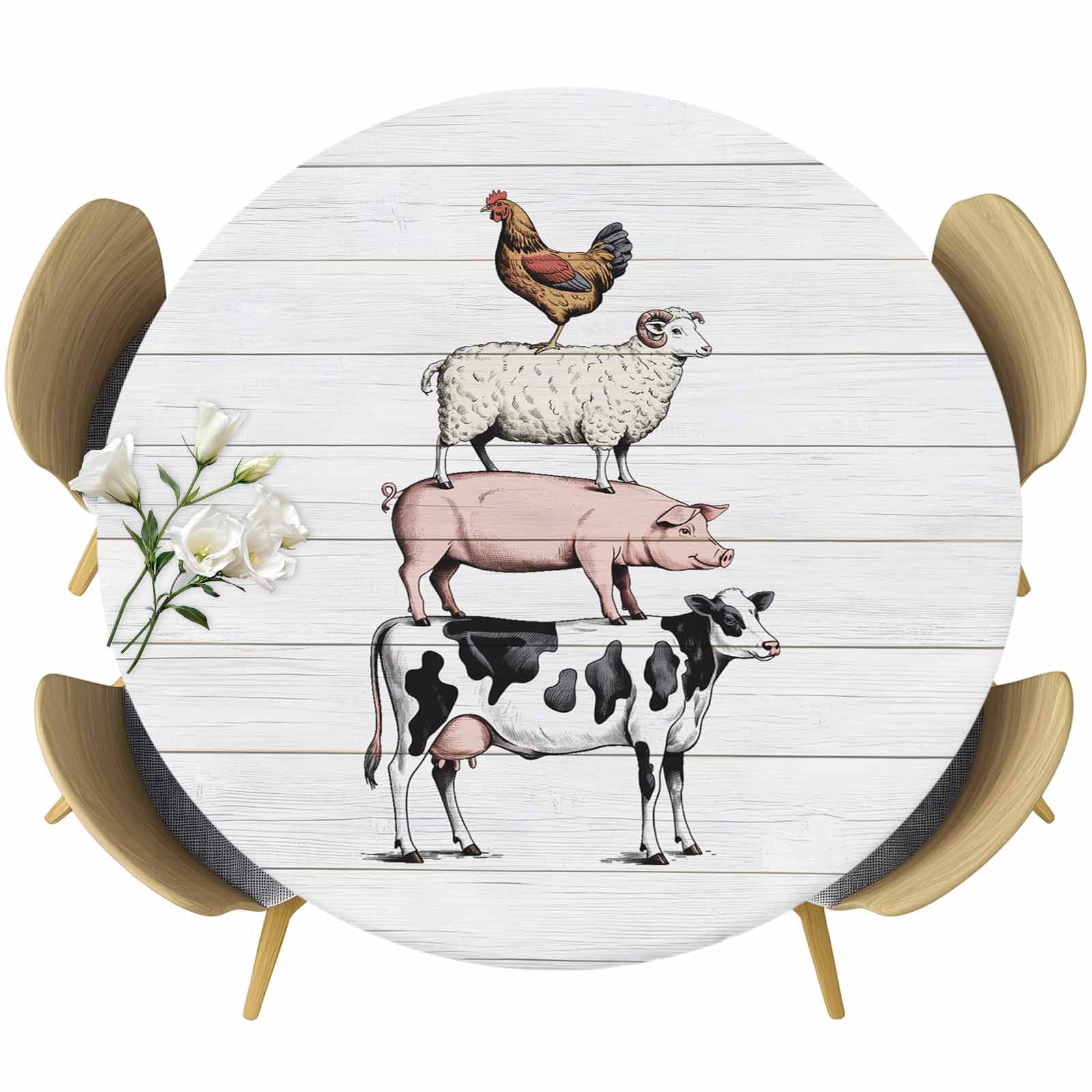 Farmhouses Animal Round Fitted Tablecloth with Elastic Edge, Cow Sheep ...