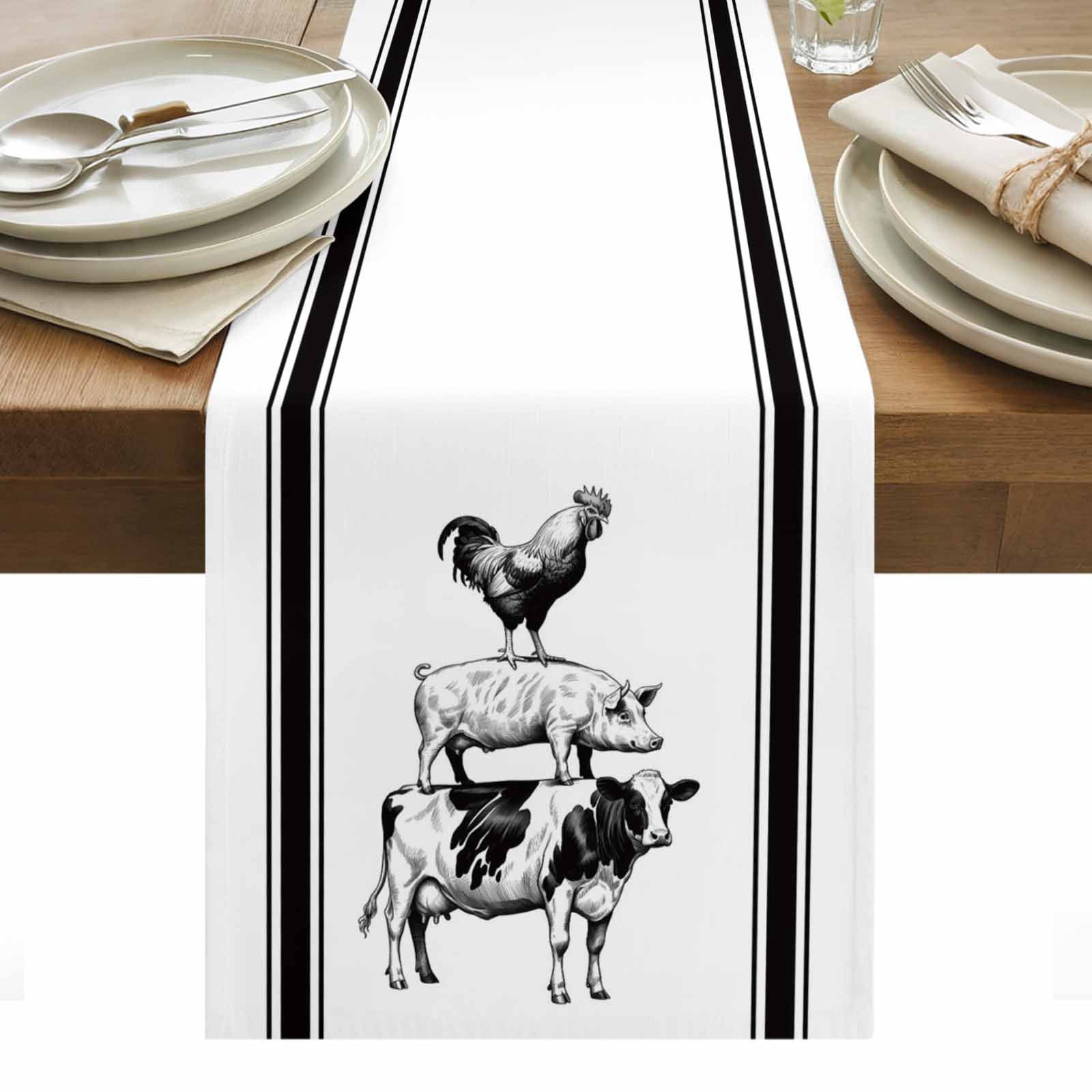 Farmhouses Animal Table Runner 16 x 72 Inch, Cow Pig Chicken Animal ...