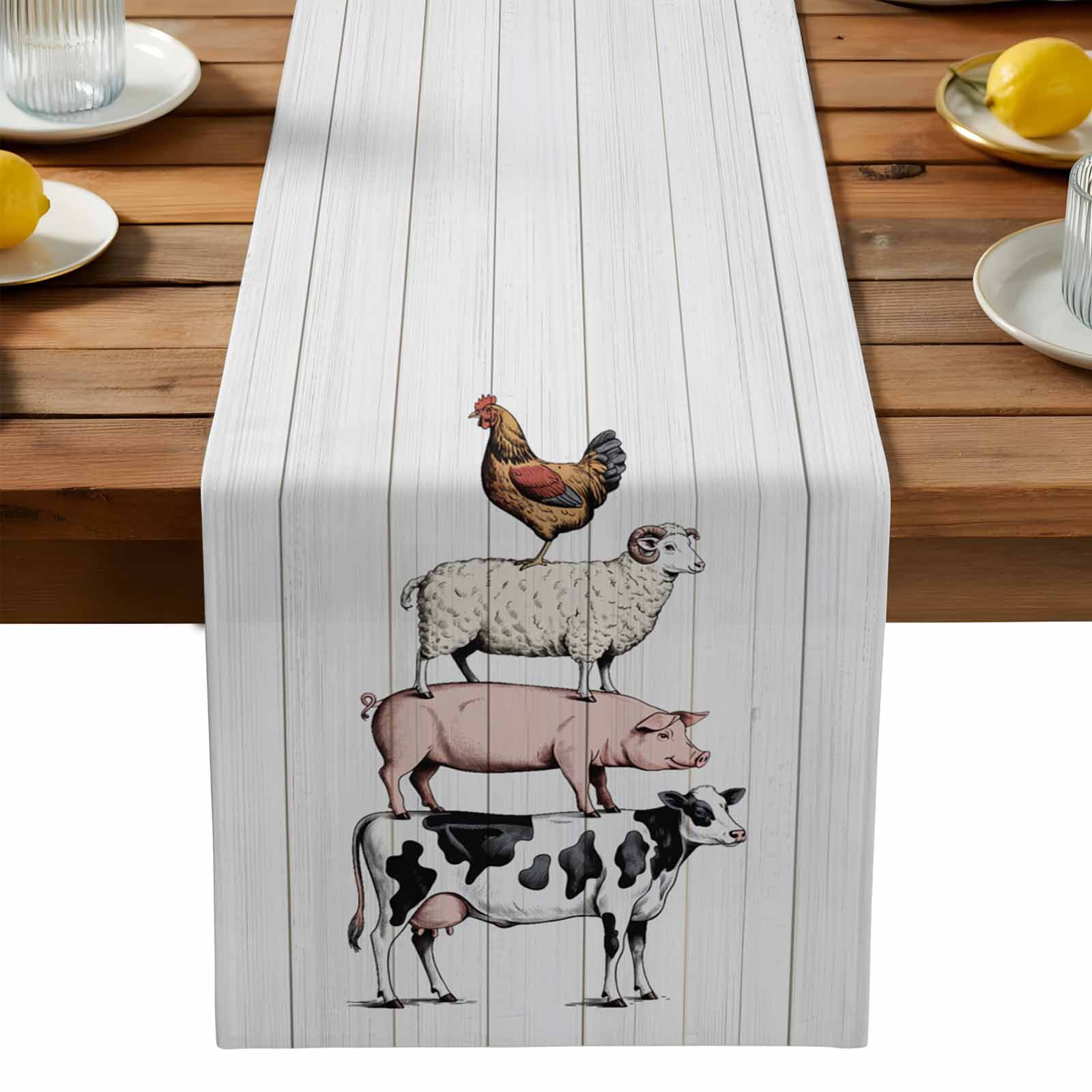 Farmhouses Animal Table Runner, Cow Sheep Pig Chicken Wood Grain ...