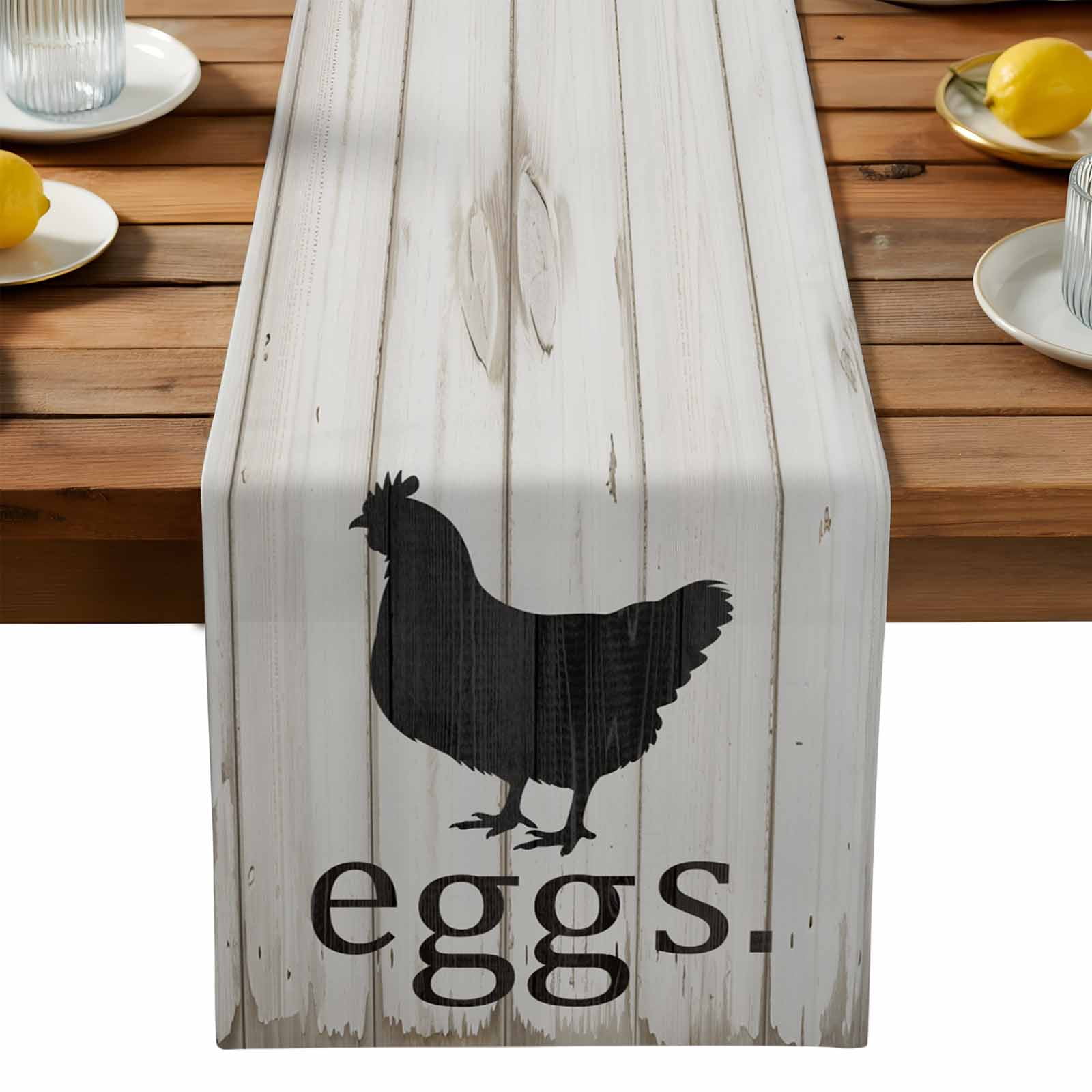 Farmhouses Chickens Table Runner, Animal Silhouettes Eggs Retro Wood ...