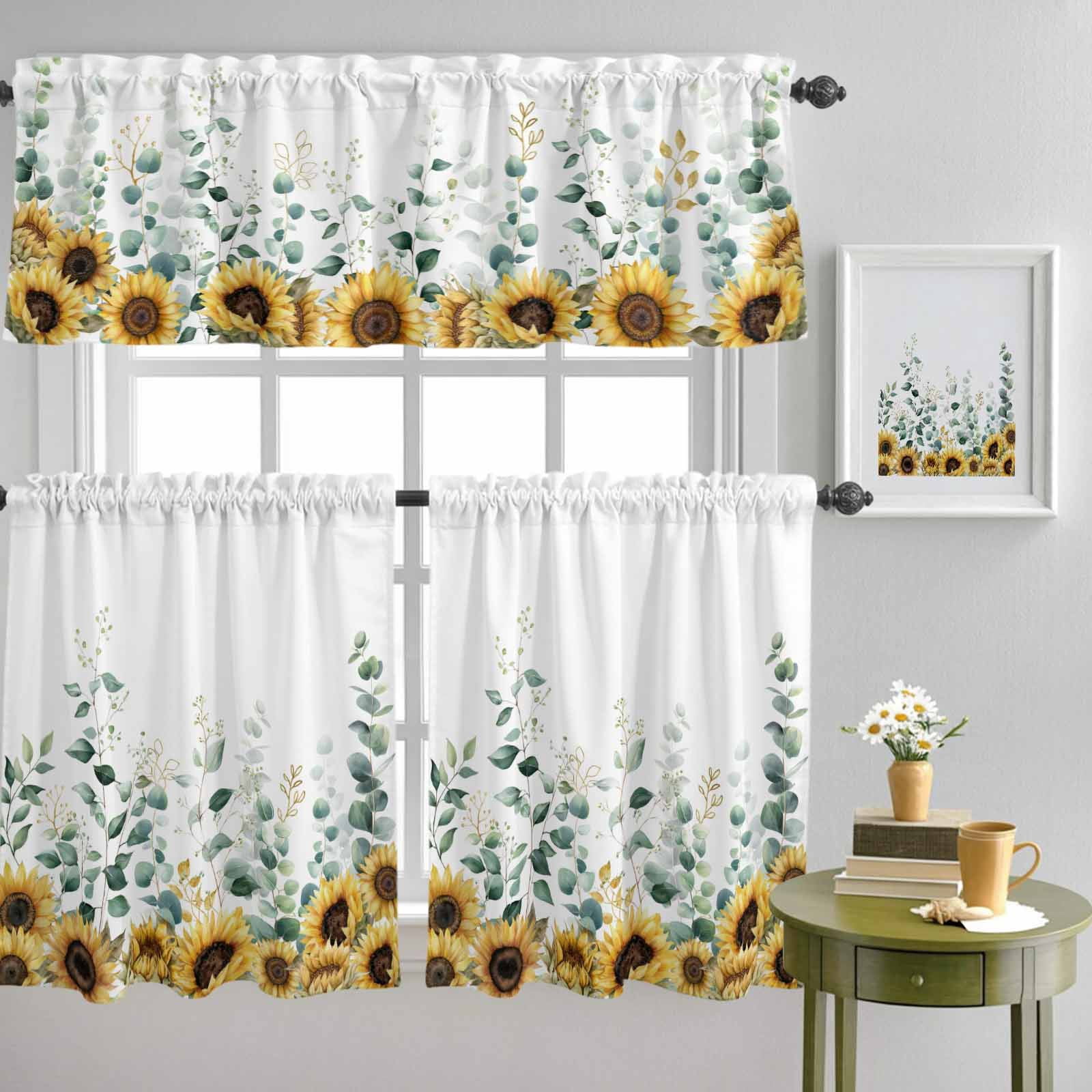 Farmhouses Sunflower Leaves Curtain Tier and Valance Set 3 Piece ...
