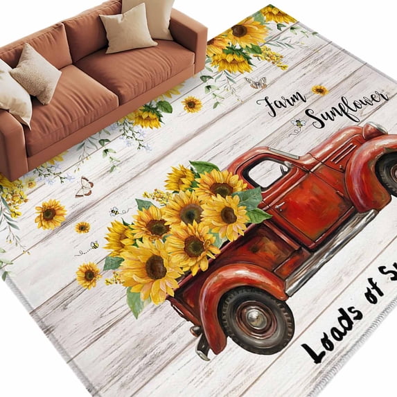 Farmhouses Sunflowers 5'x8' Large Area Rugs Retro Floral Leaves Red ...