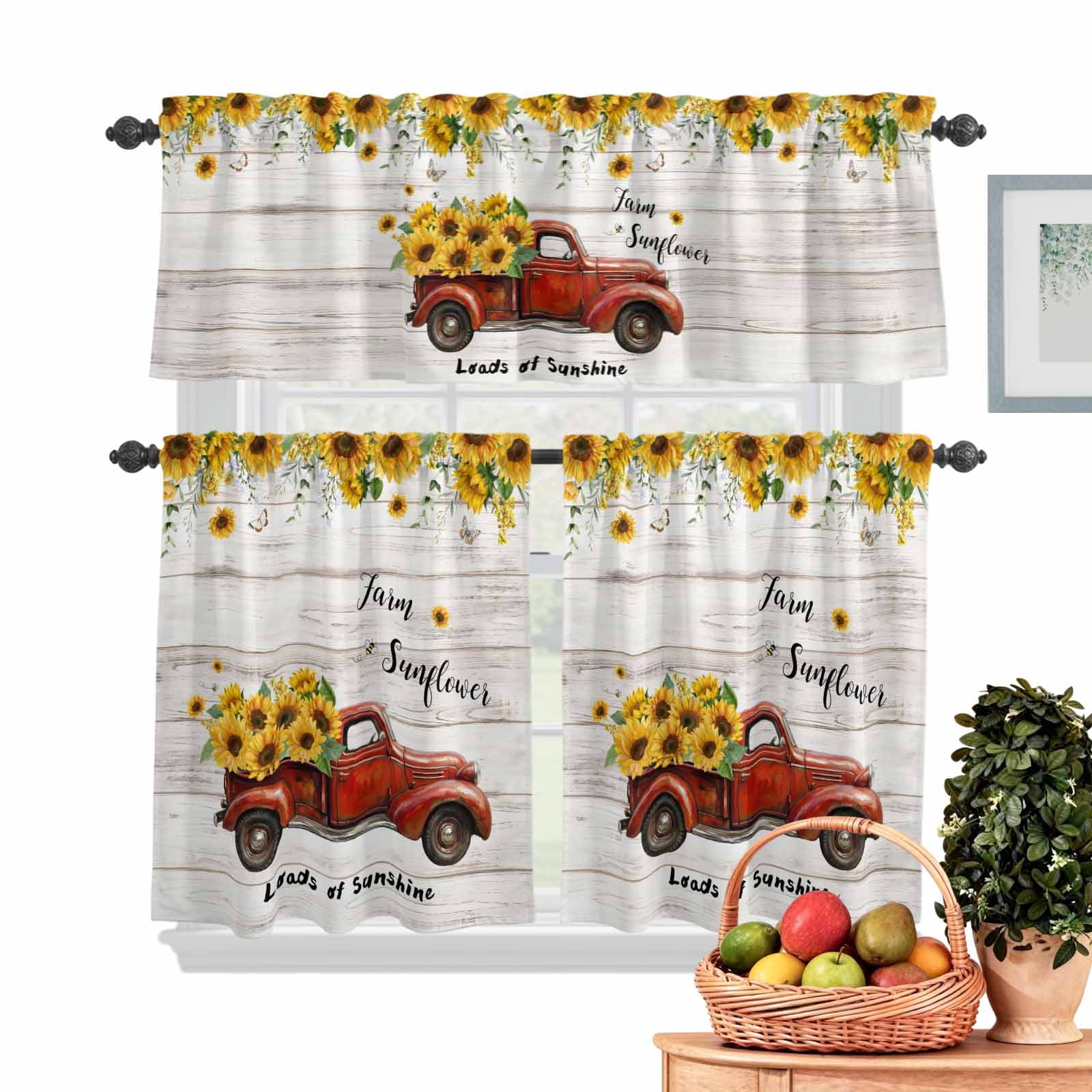 Farmhouses Sunflowers Kitchen Curtains Valances 3 Piece Set, Retro ...