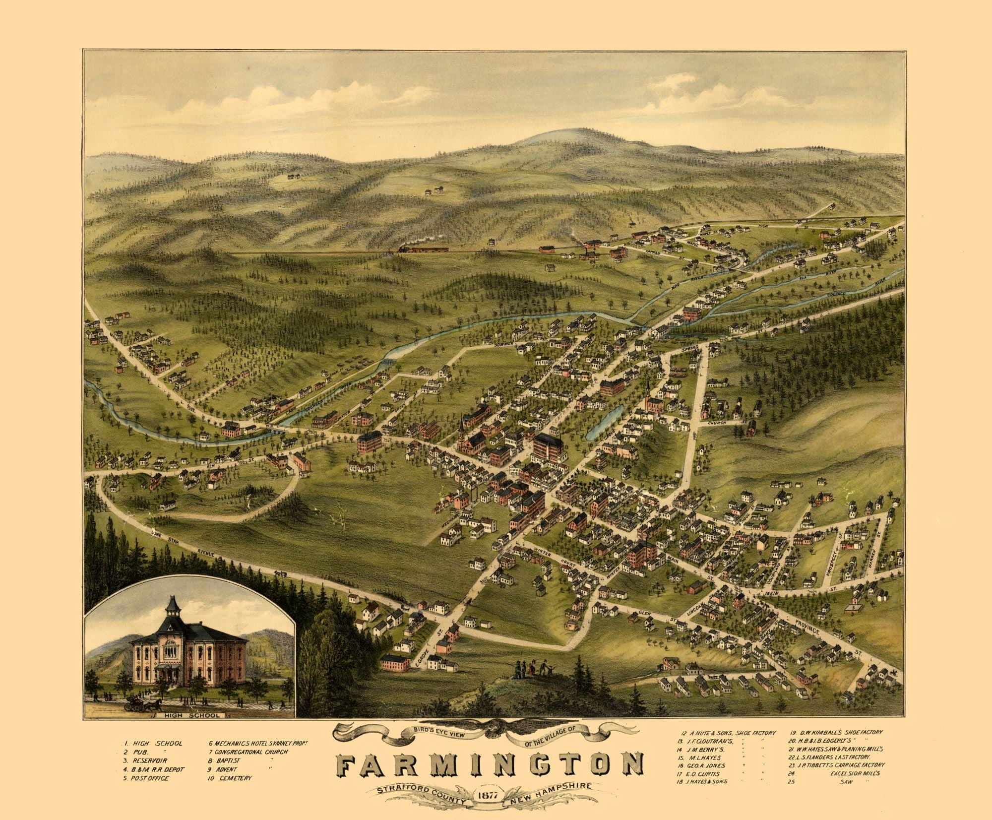 Historic Panoramic View - Farmington New Hampshire - 1877 - 27.83 x 23 ...