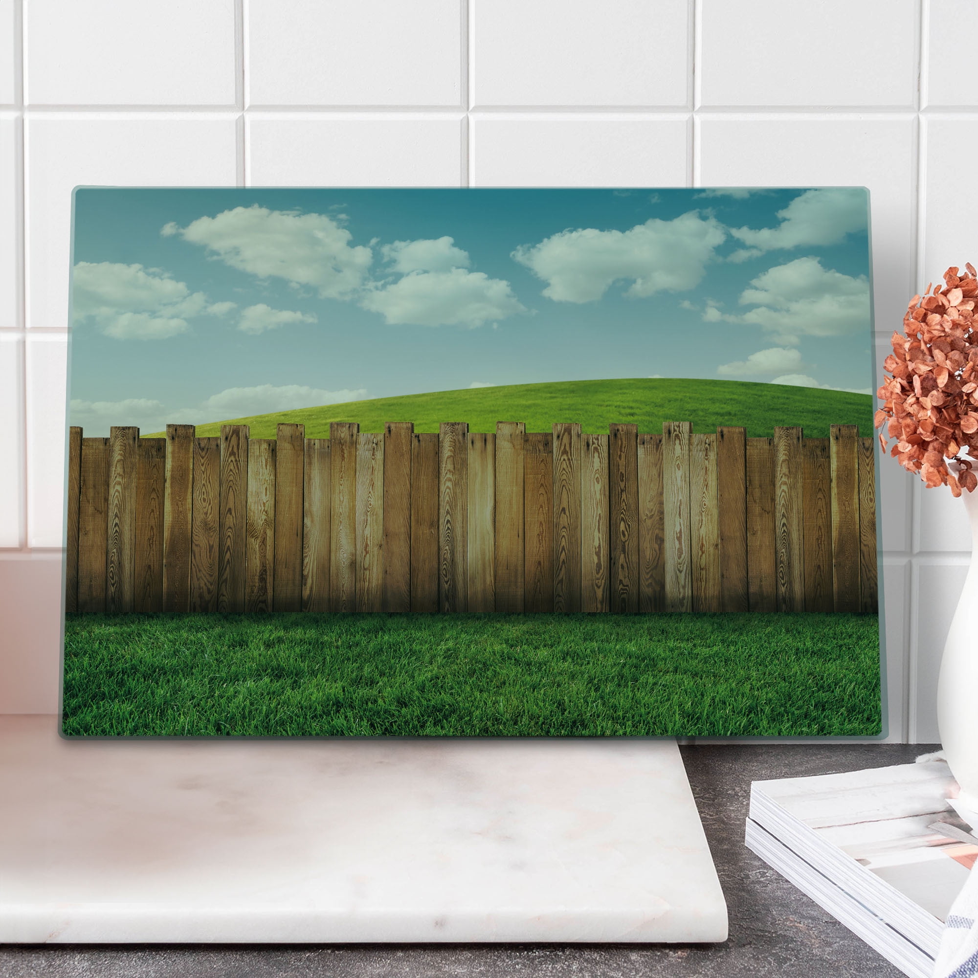 Farmland Cutting Board, Wooden Garden Fence on Grassland Pastoral ...