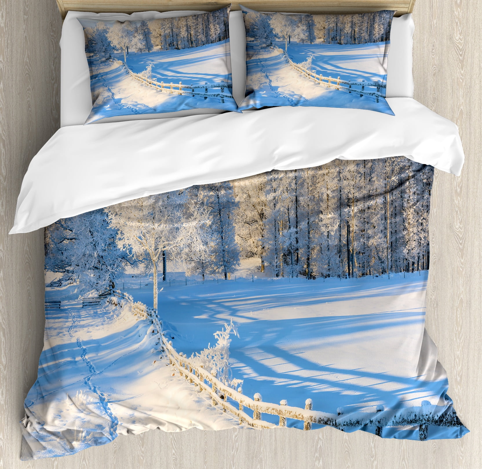 Farmland Duvet Cover Set, Winter Snow Valley with Oak Borders Pines ...