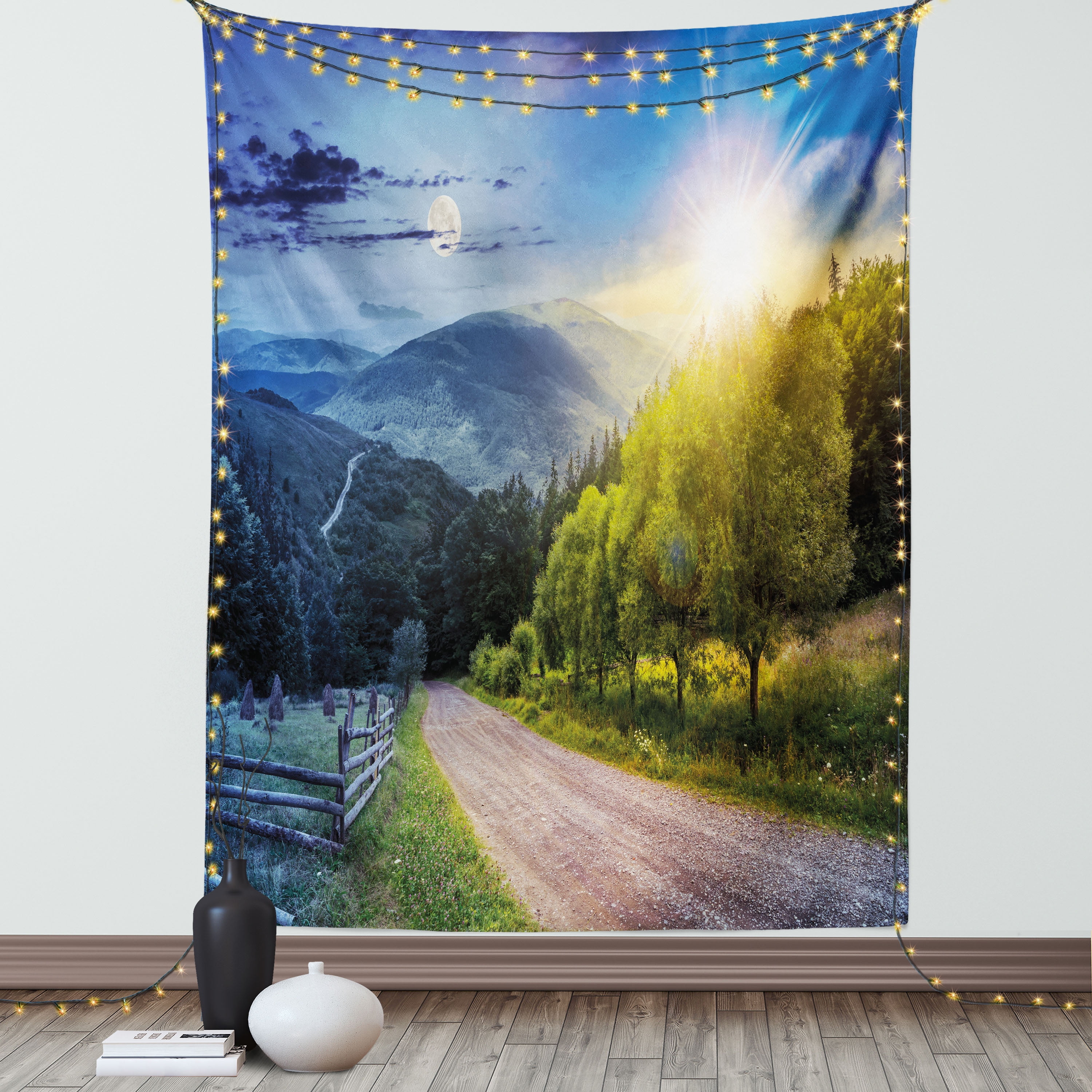Farmland Tapestry, Contrasting Day and Night Collage View with Moon Sun ...