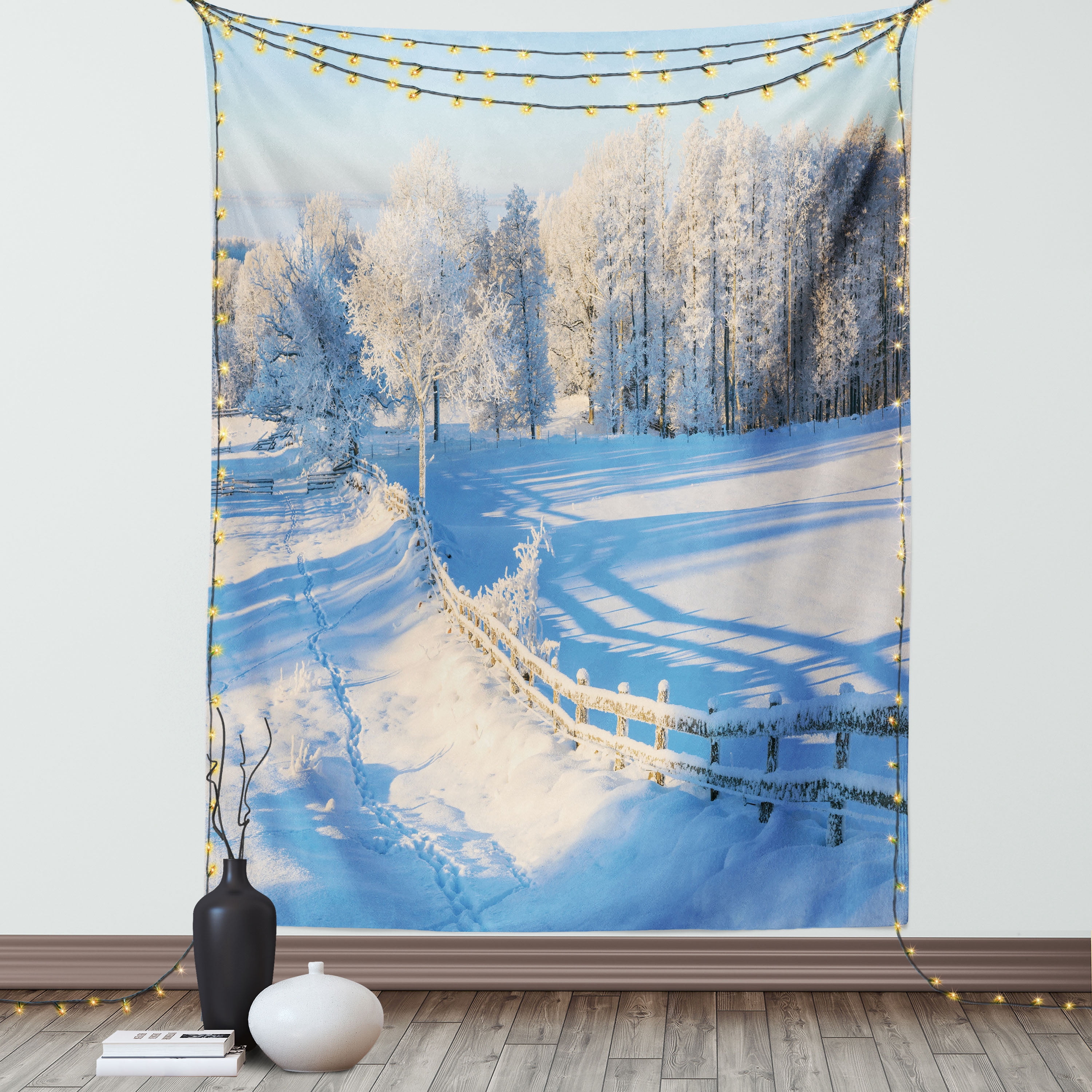 Farmland Tapestry, Winter Snow Valley with Oak Borders Pines Frozen ...