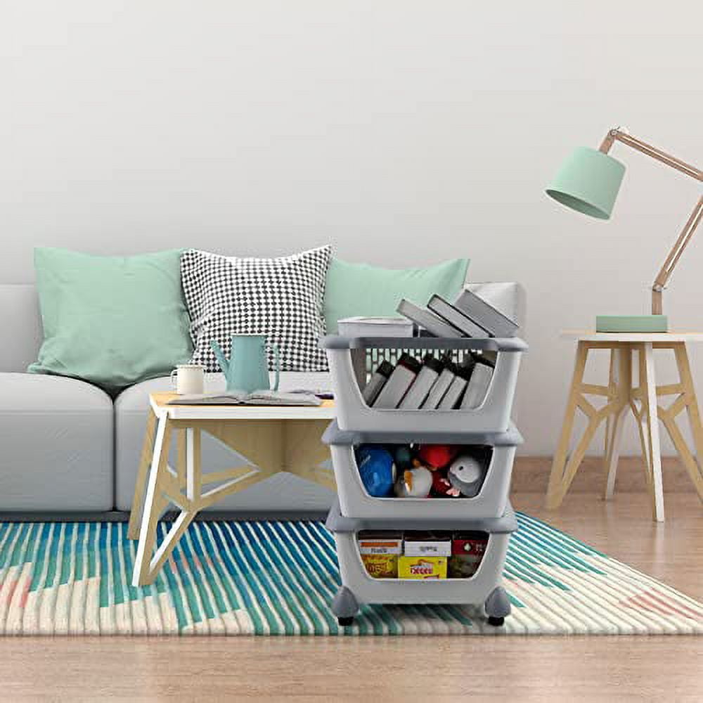 Farmoon 5 Pack Plastic Stackable Storage Baskets, Grey Plastic Stacking ...