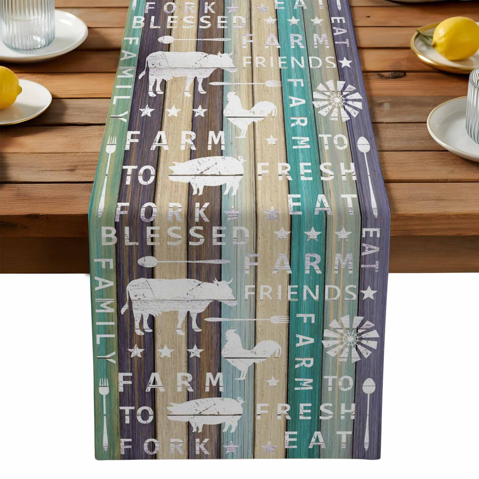 Farms Animals Cow Pig Chickens Table Runners 13x90 Inches Long Linen ...