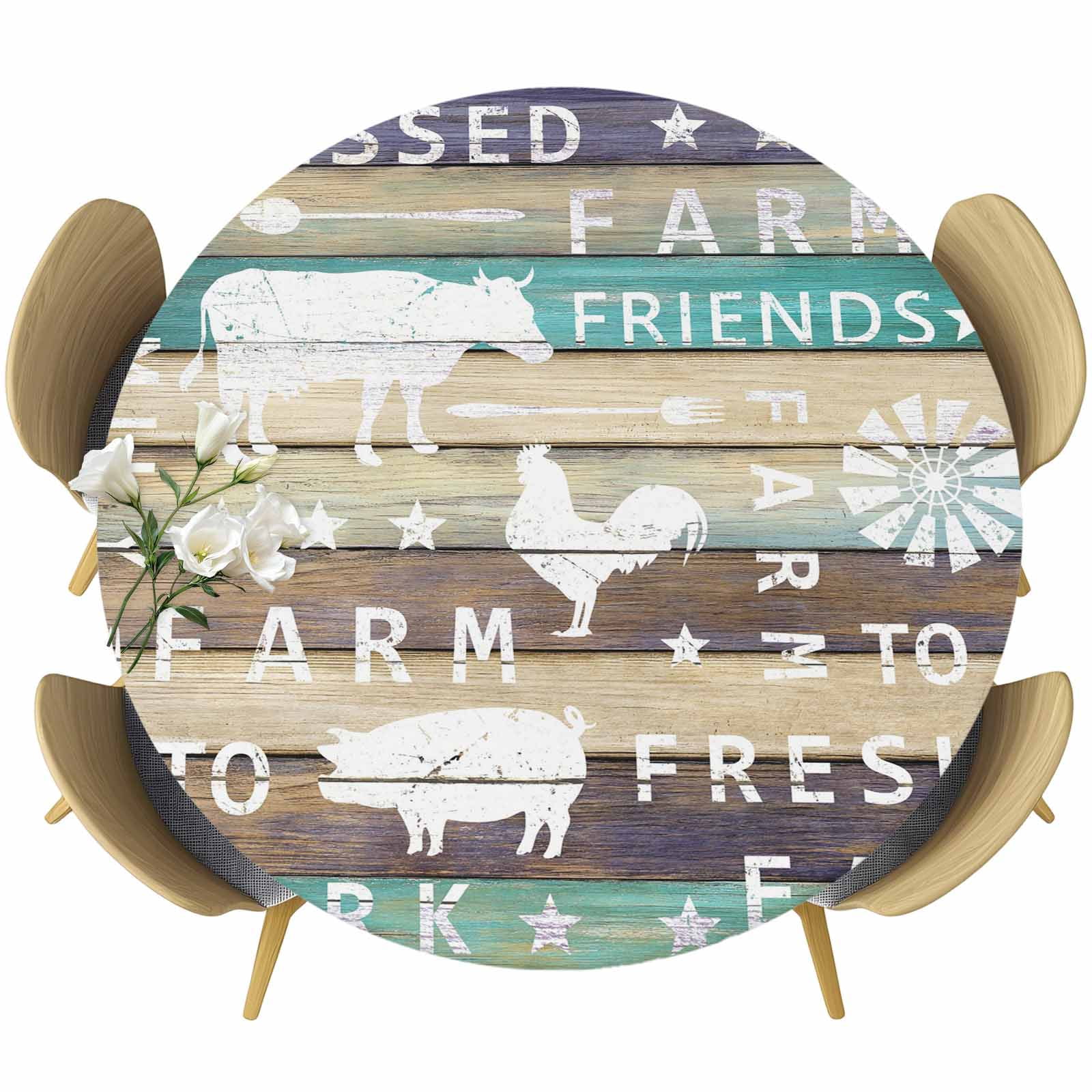 Farms Animals Round Fitted Tablecloth with Elastic Edge, Country Cow ...