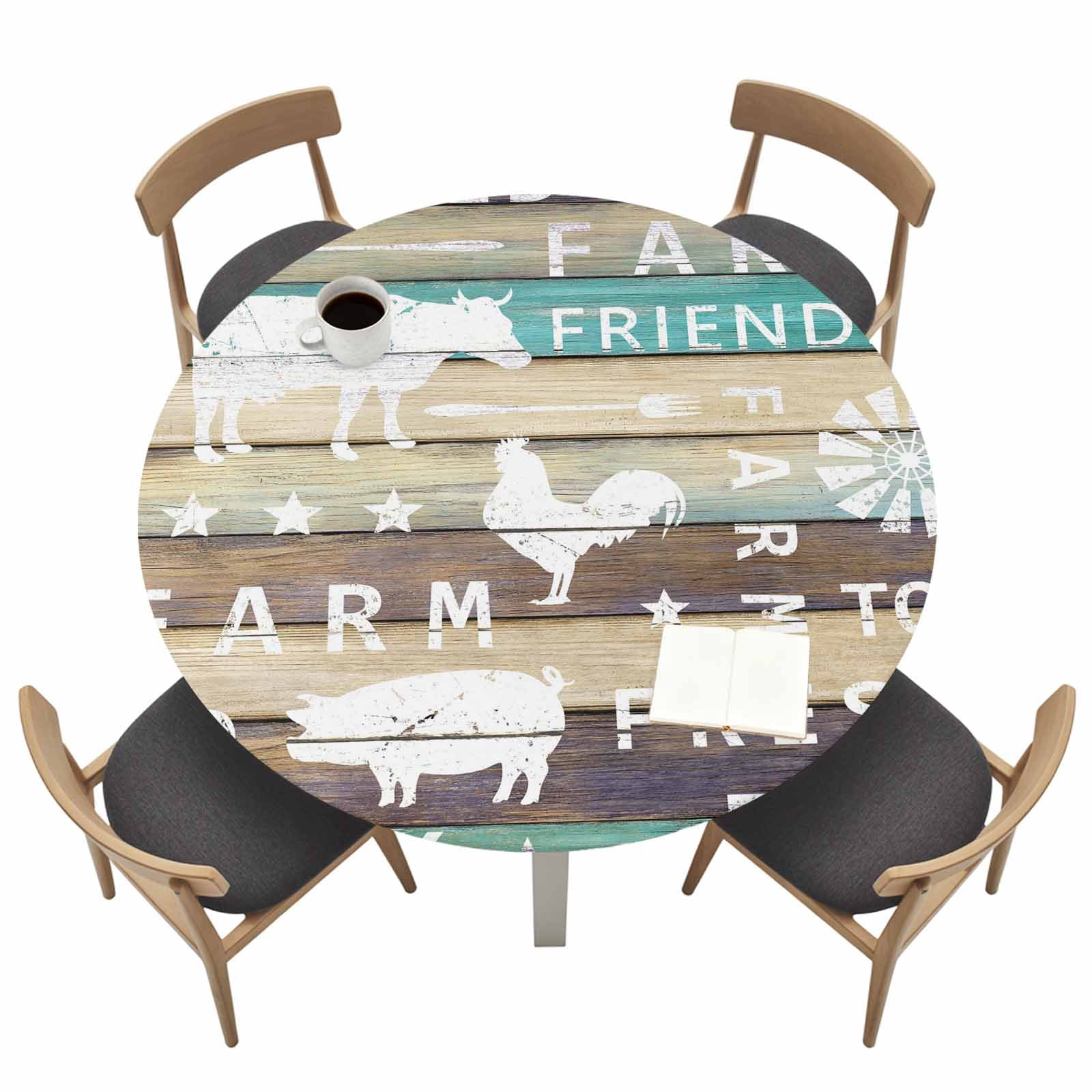 Farms Animals Round Fitted Tablecloth with Elastic Edge Country Cow Pig ...