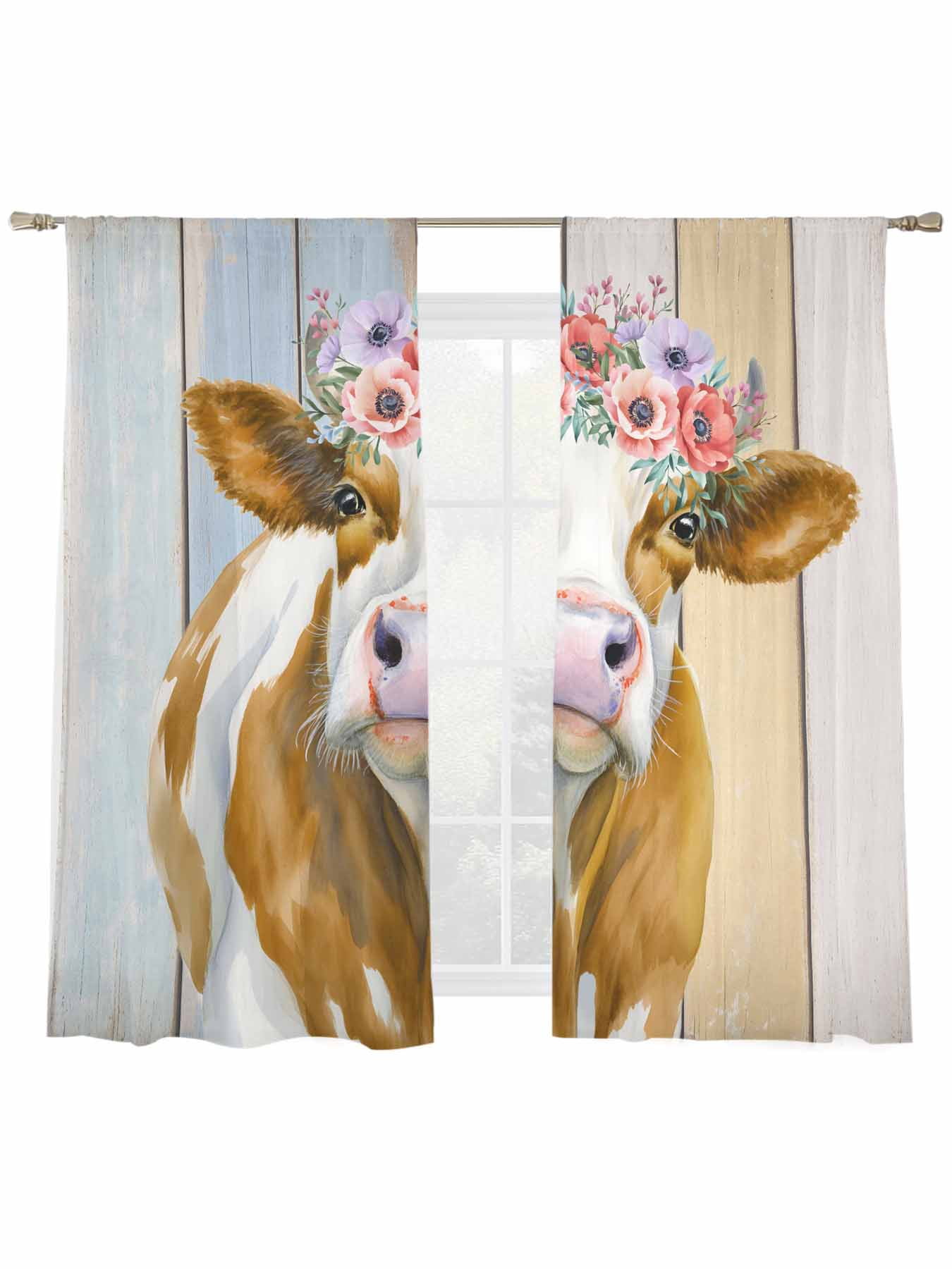 Farms Cow Sheer Curtains 63 Inch Long 2 Panels, Red Pink Purple Flowers ...