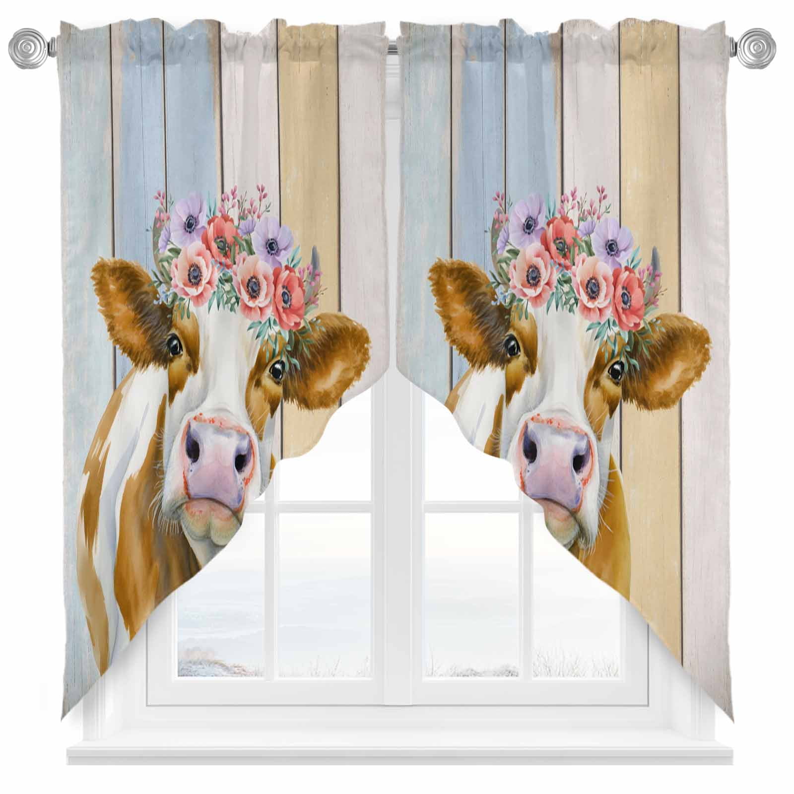 Farms Cow Swag Kitchen Curtain Valances, Red Pink Purple Flowers Wooden ...