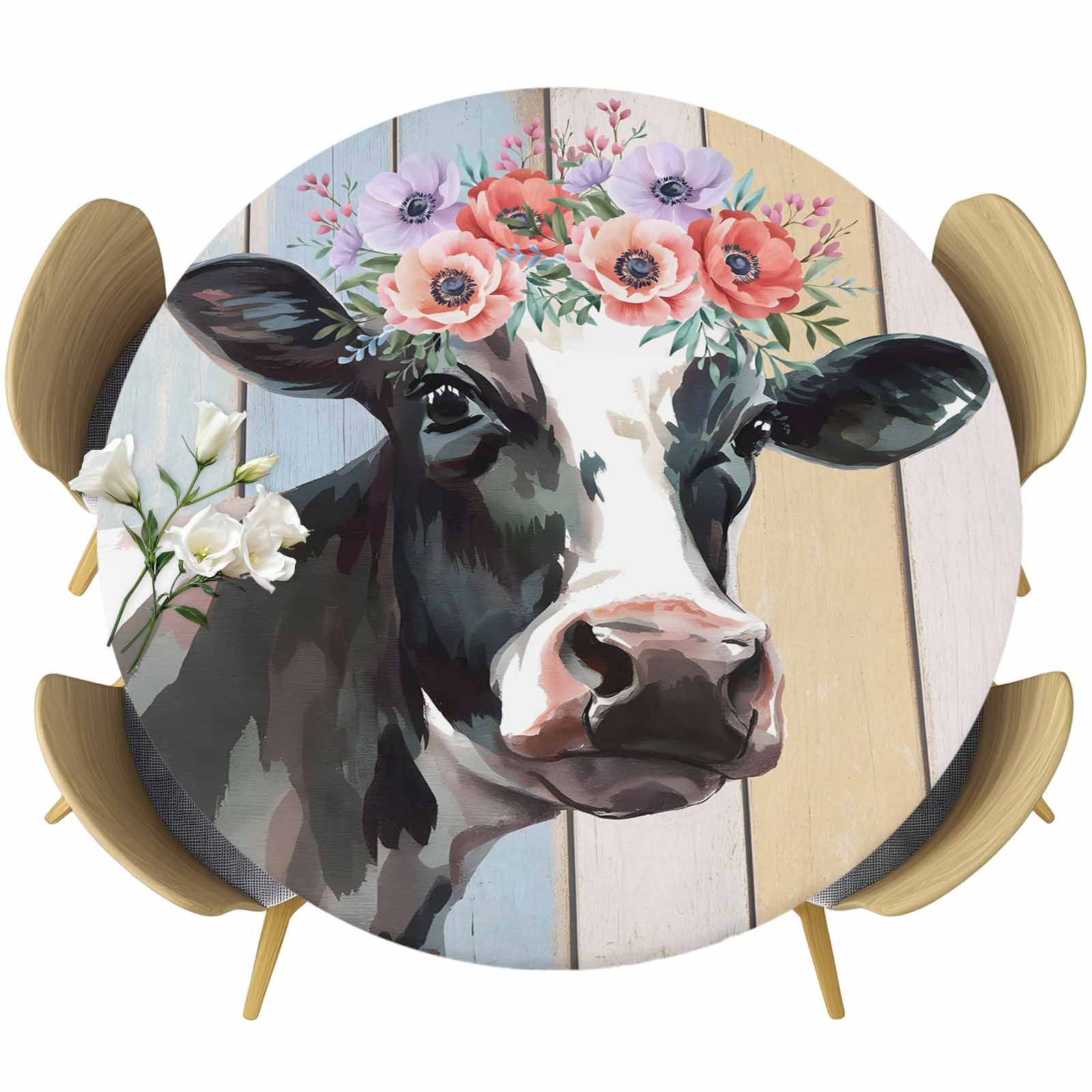 Farms Cows Round Fitted Tablecloth with Elastic Edge, Red Pink Purple ...