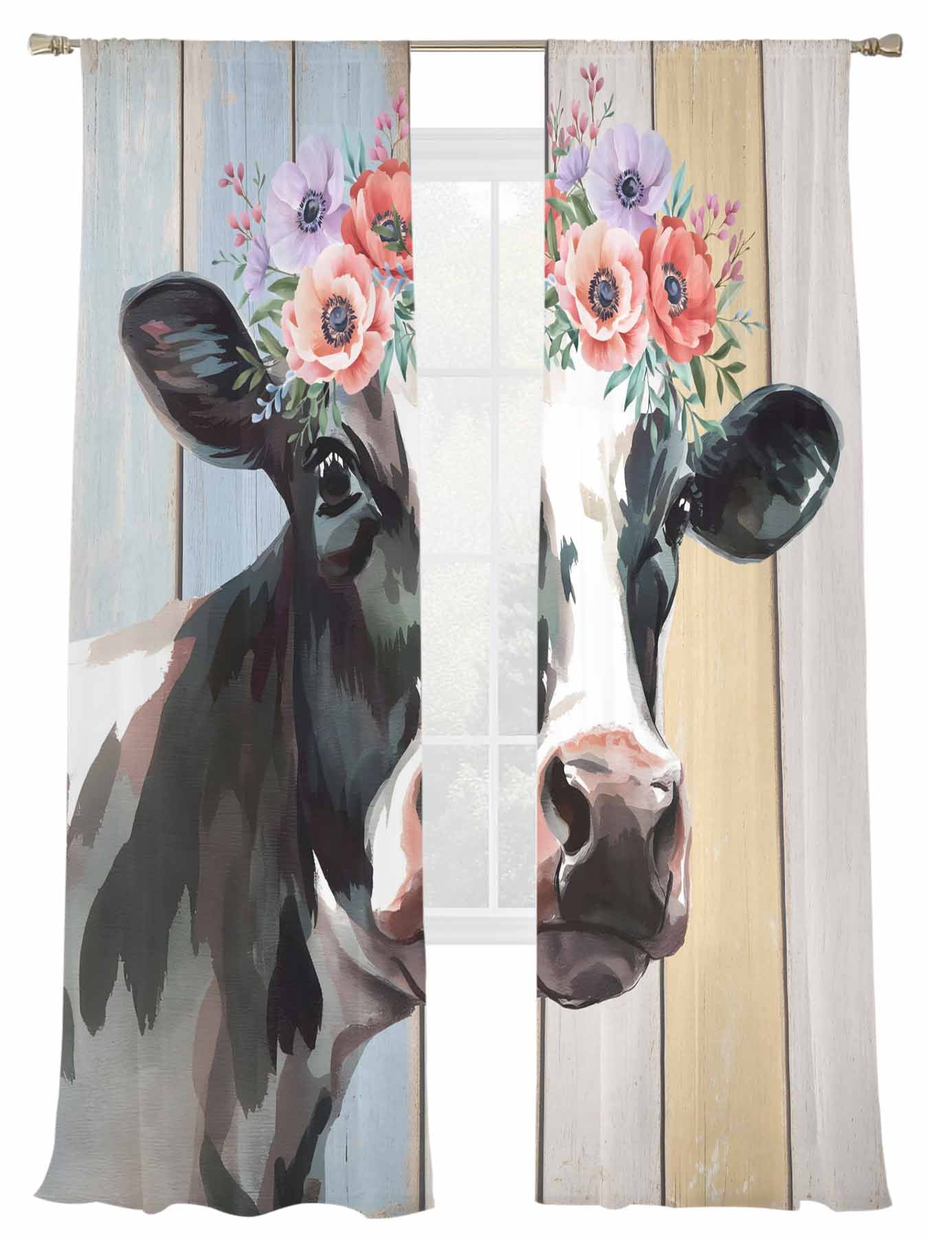Farms Cows Sheer Curtains 108 Inch Long 2 Panels, Red Pink Purple ...