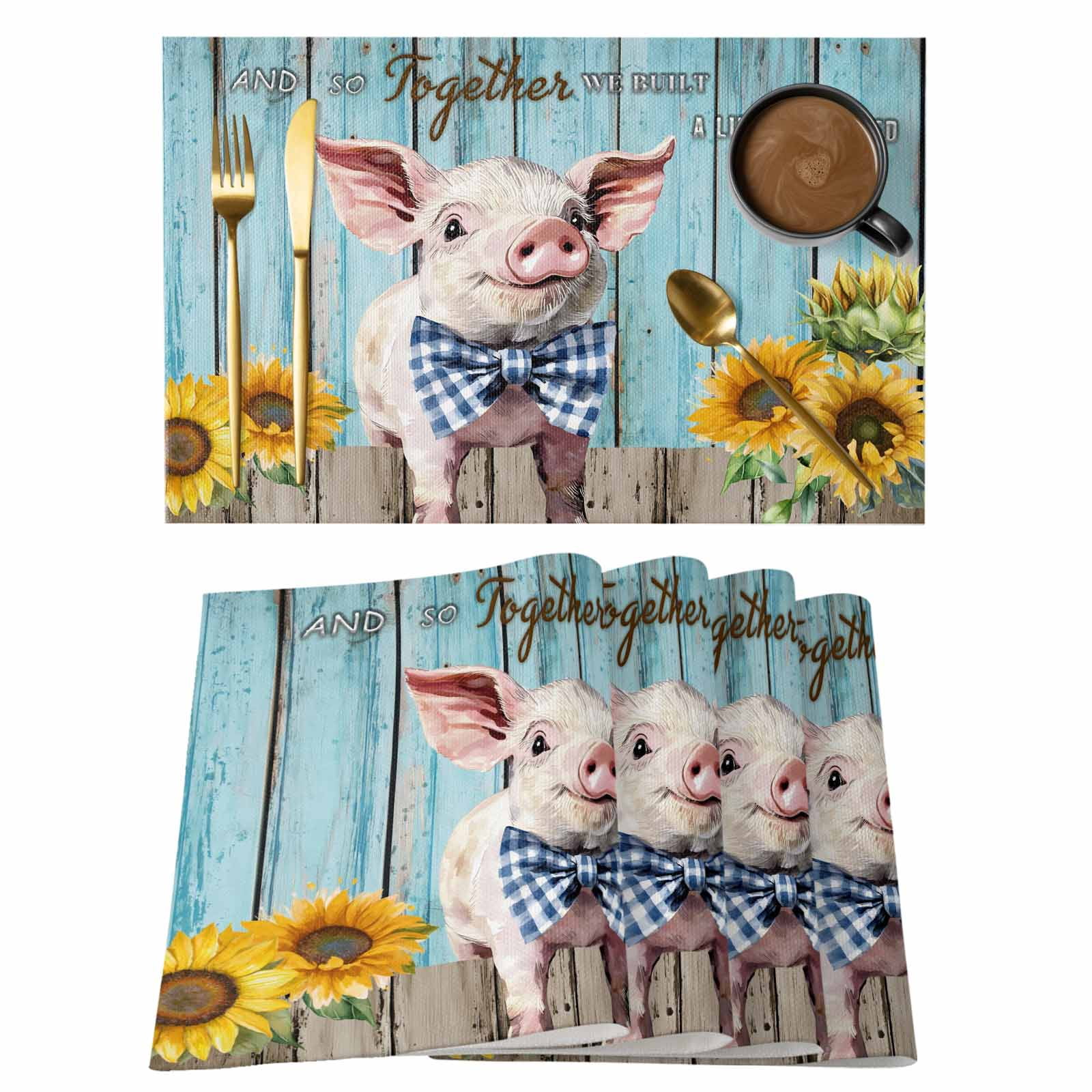 Farms Cute Pigs Placemats Set of 1, Sunflower Beige Wood Striped Oil ...